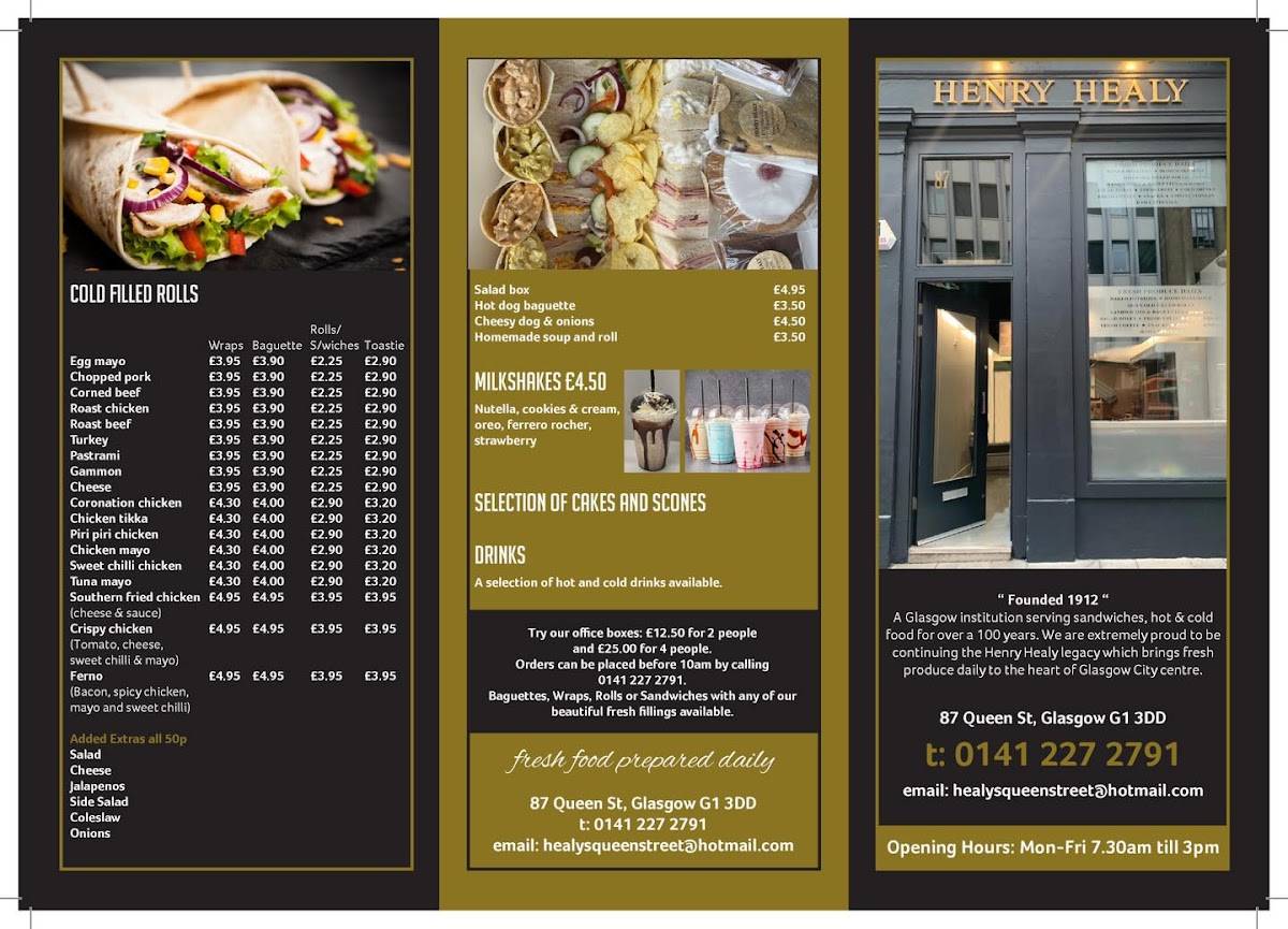 Menu at Henry Healy cafe, Glasgow, 87 Queen St