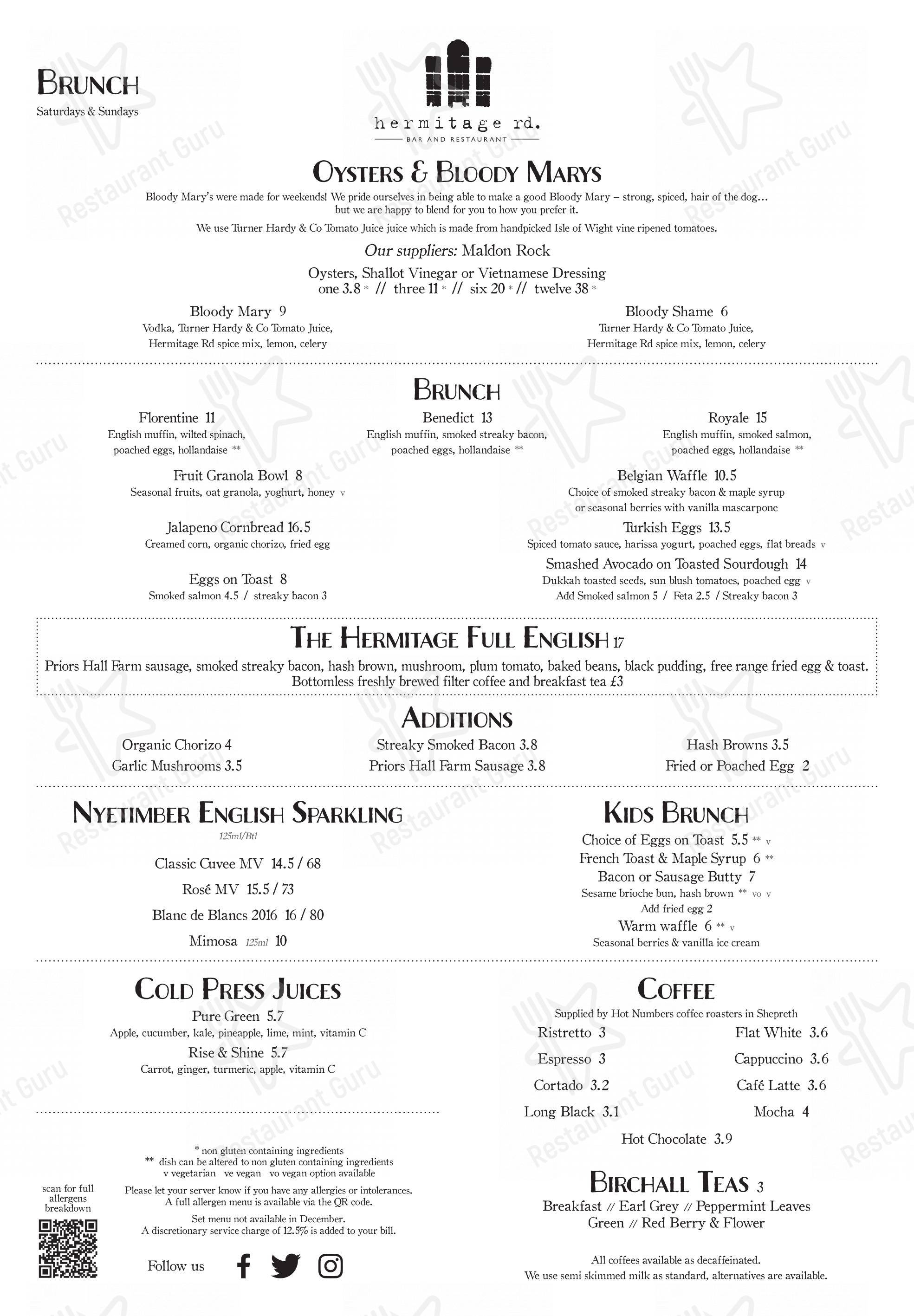 Menu at Hermitage Rd Bar and Restaurant, Hitchin