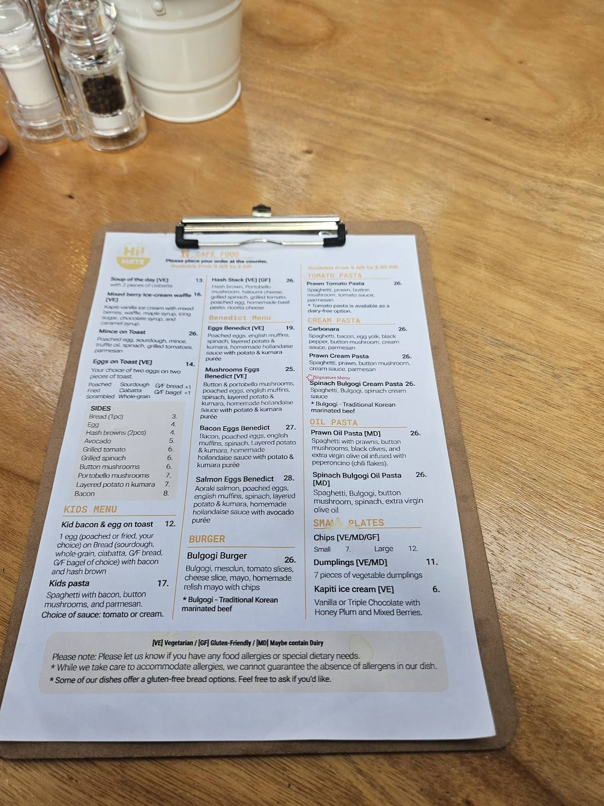 Menu at Hi mate cafe, Otaki