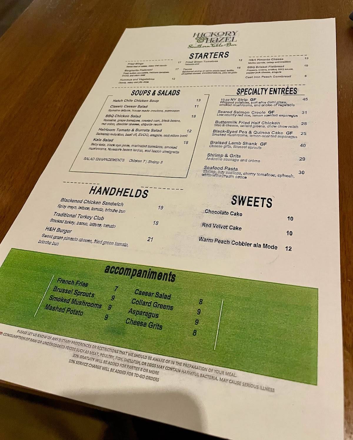 Menu at Hickory and Hazel, Renaissance Hotel pub & bar, Atlanta