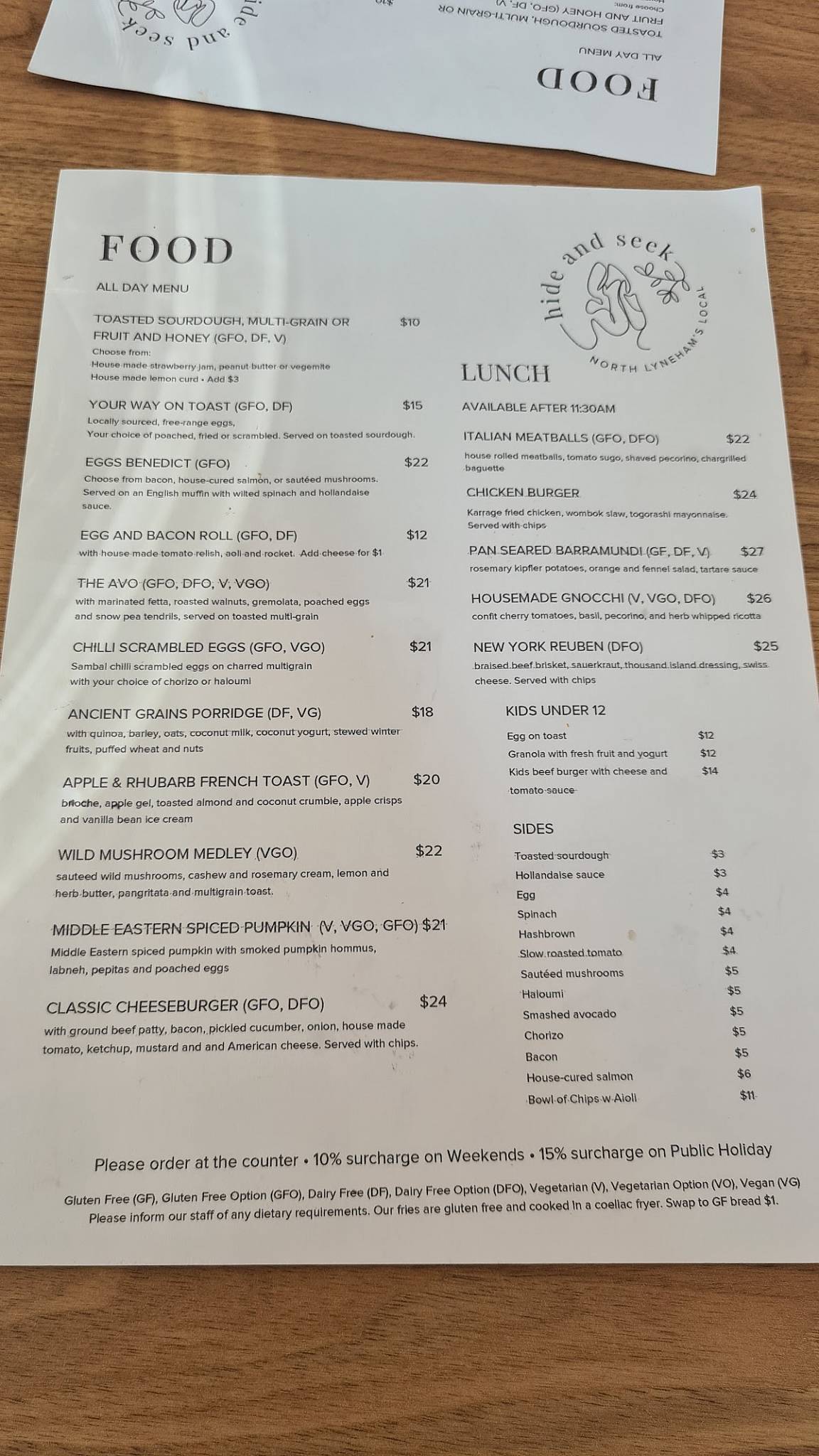 Menu at Hide and Seek Cafe, Lyneham