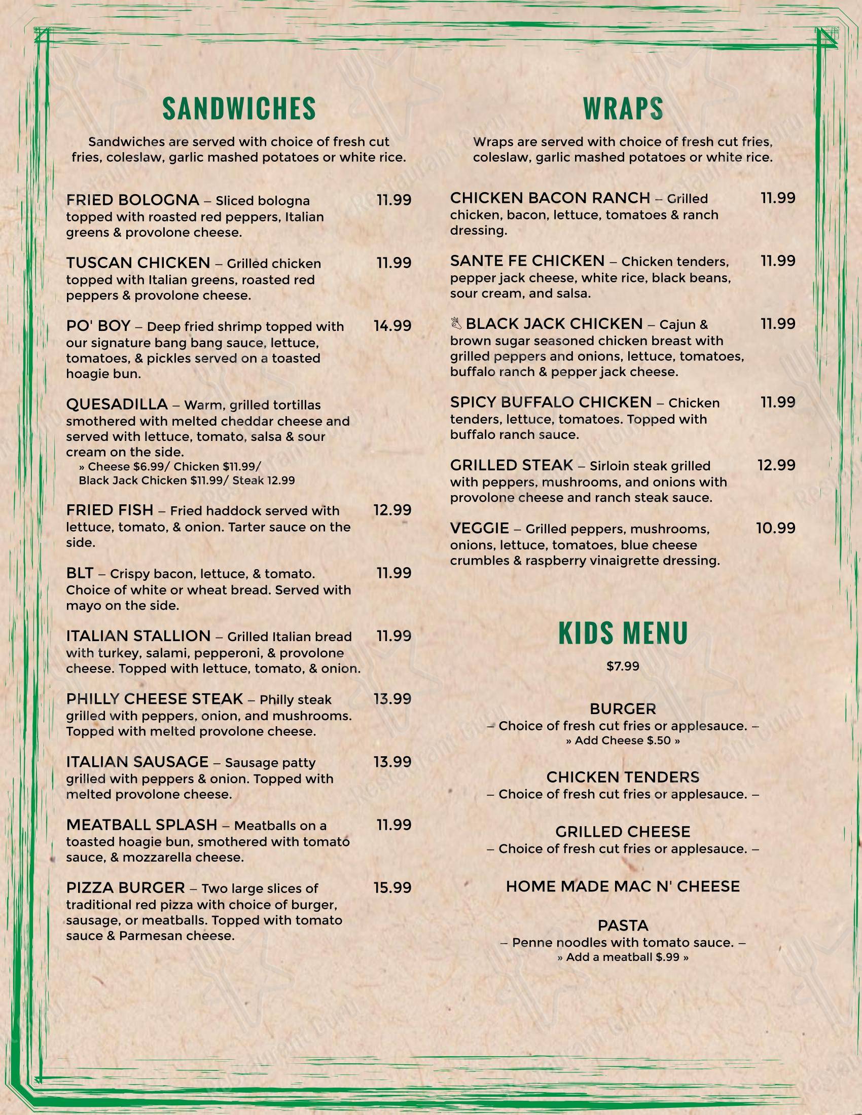 Menu at High Pointe Restaurant & Tavern, Niles