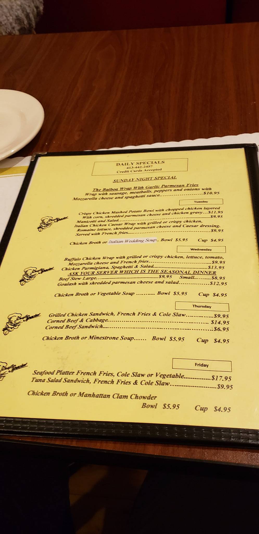 Menu at Highland restaurant, Pittsfield