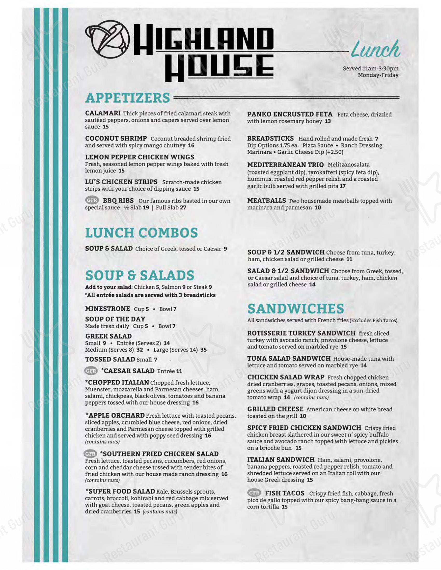 Menu at Highland House pizzeria, Highland Charter Township