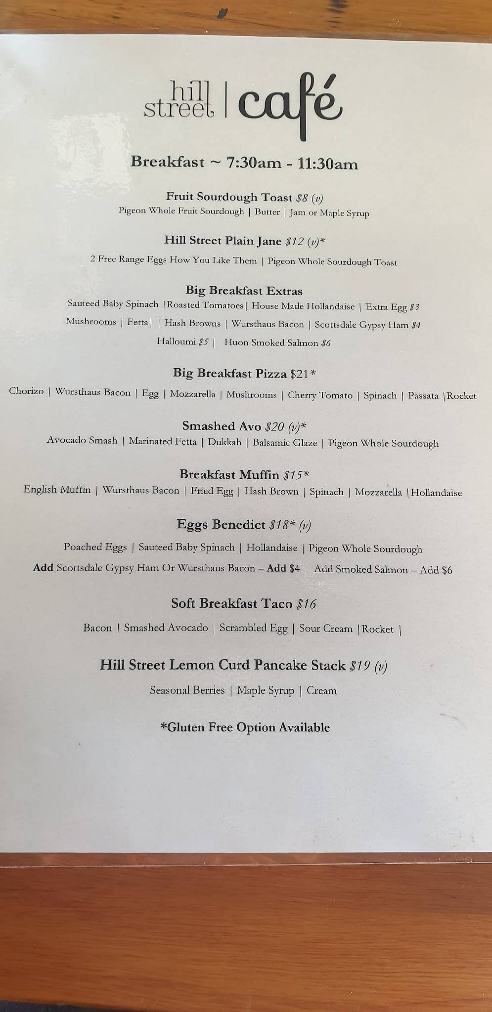 Menu at Hill Street Cafe Devonport, Devonport