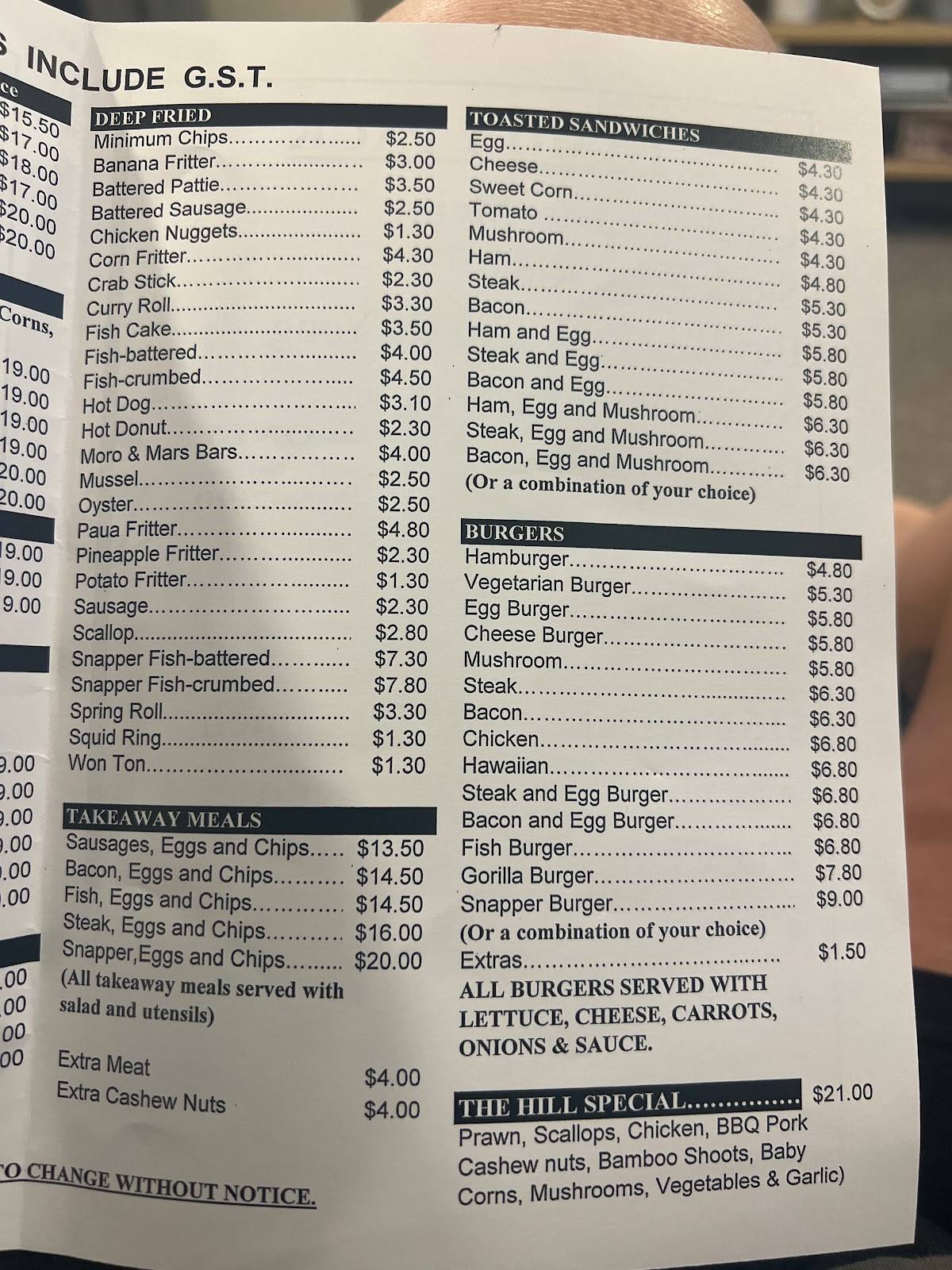 Menu at Hill Takeaways fast food, Pukekohe