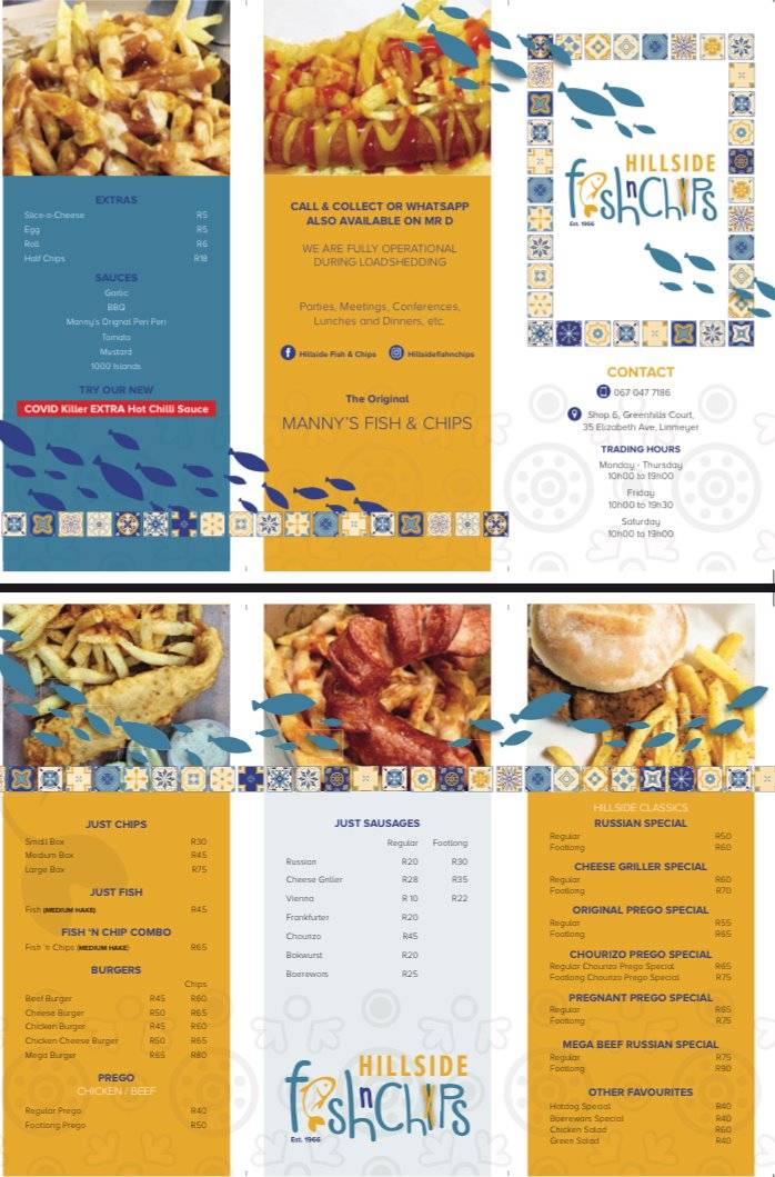 Menu at Hillside Fish and Chips restaurant, Johannesburg South, 35 ...