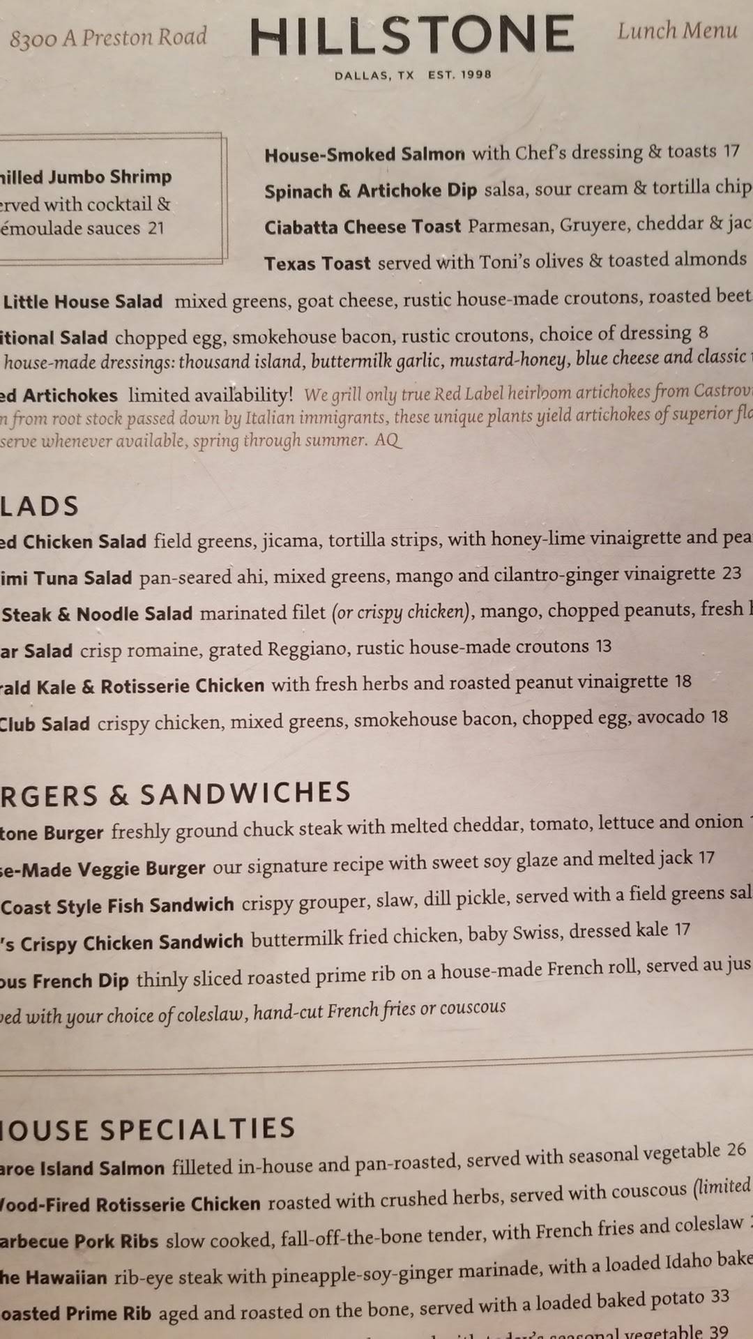 Menu at Hillstone steakhouse, Dallas, Preston Rd