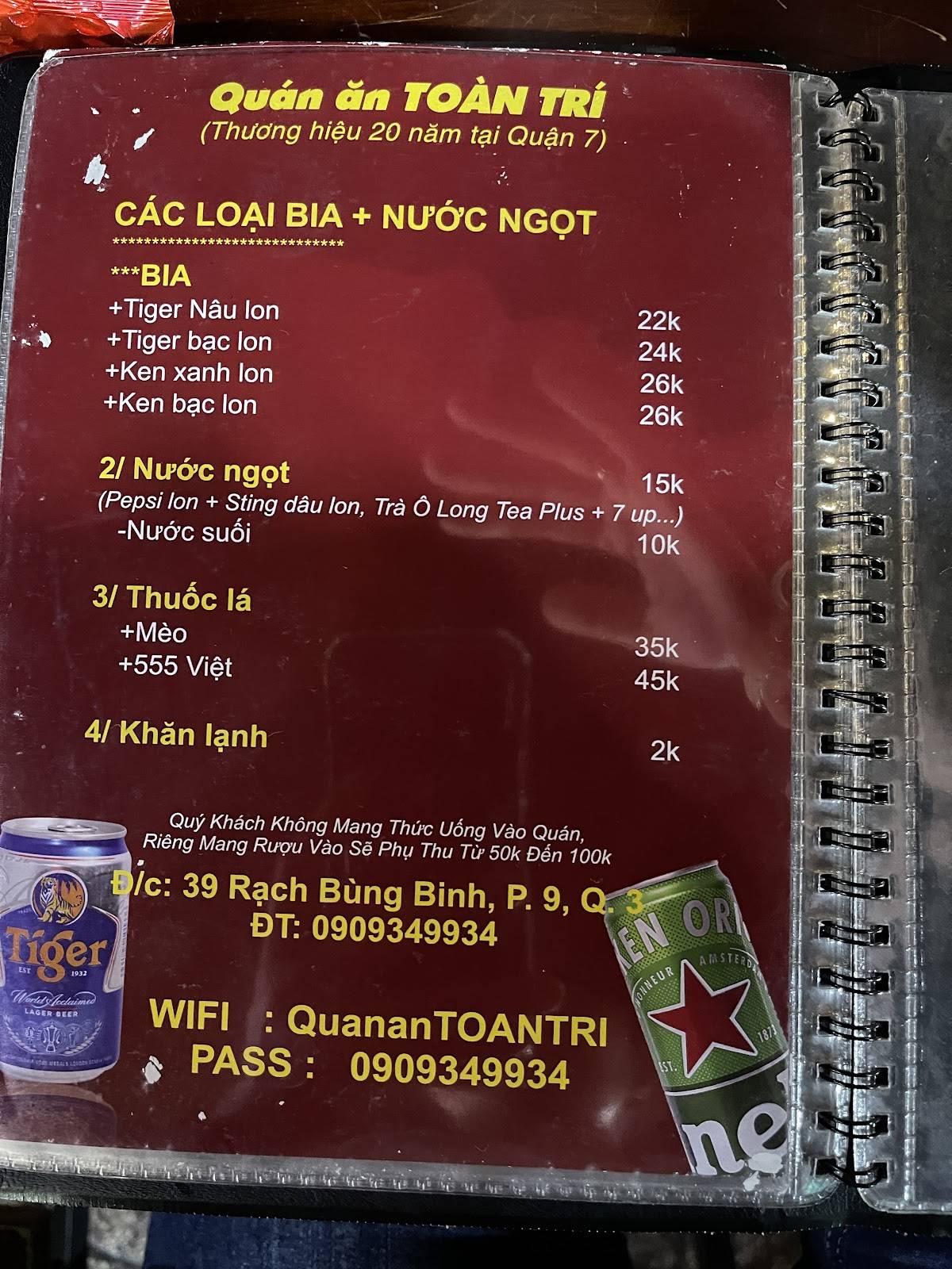 Menu at Quán ăn Toàn Trí restaurant, Ho Chi Minh City, 39 Rạch Bùng Binh
