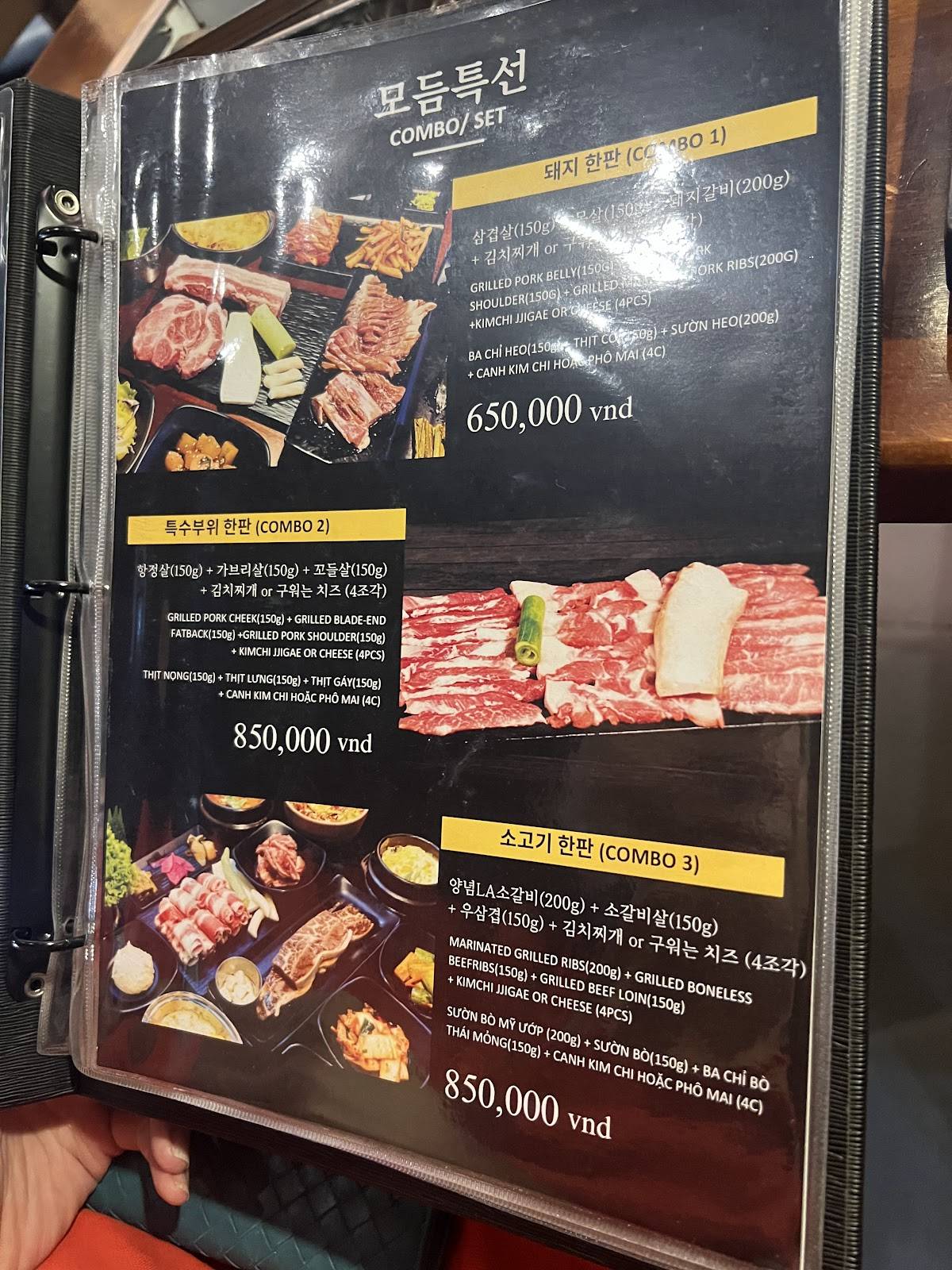 Menu at Sukdon restaurant, Ho Chi Minh City