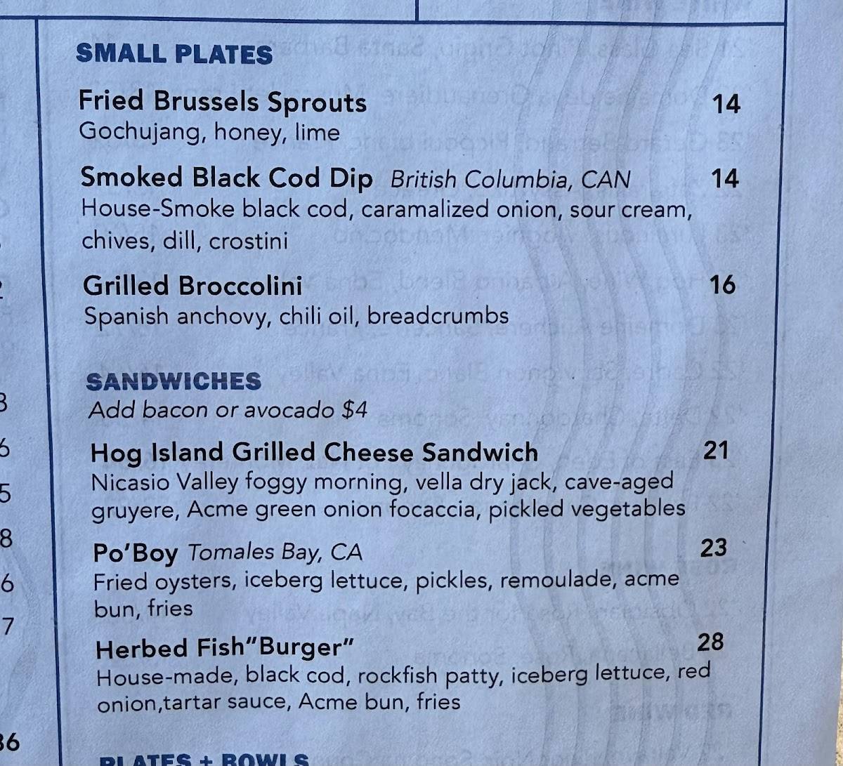 Menu at Hog Island Larkspur restaurant, Larkspur
