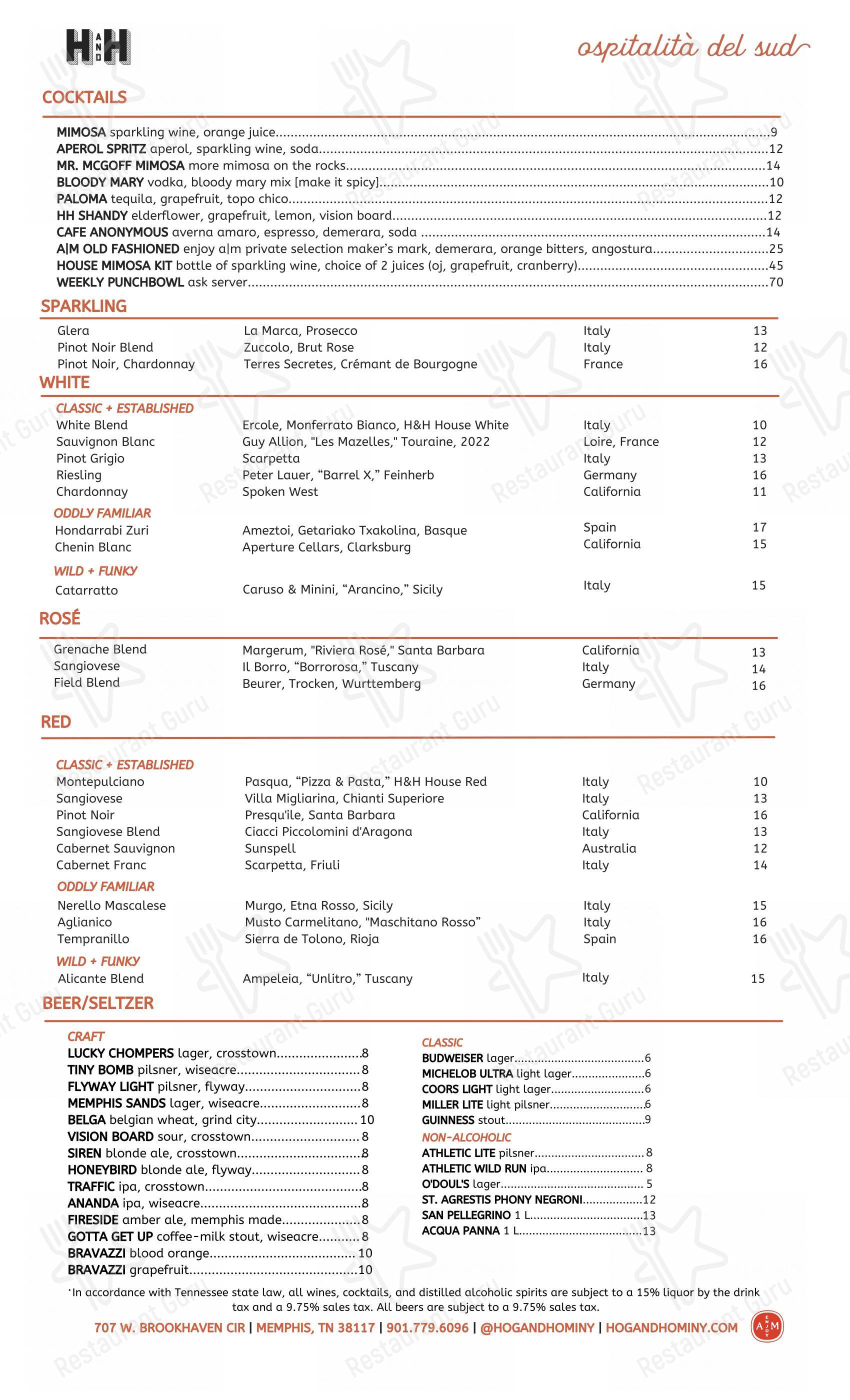 Menu at Hog & Hominy pizzeria, Memphis