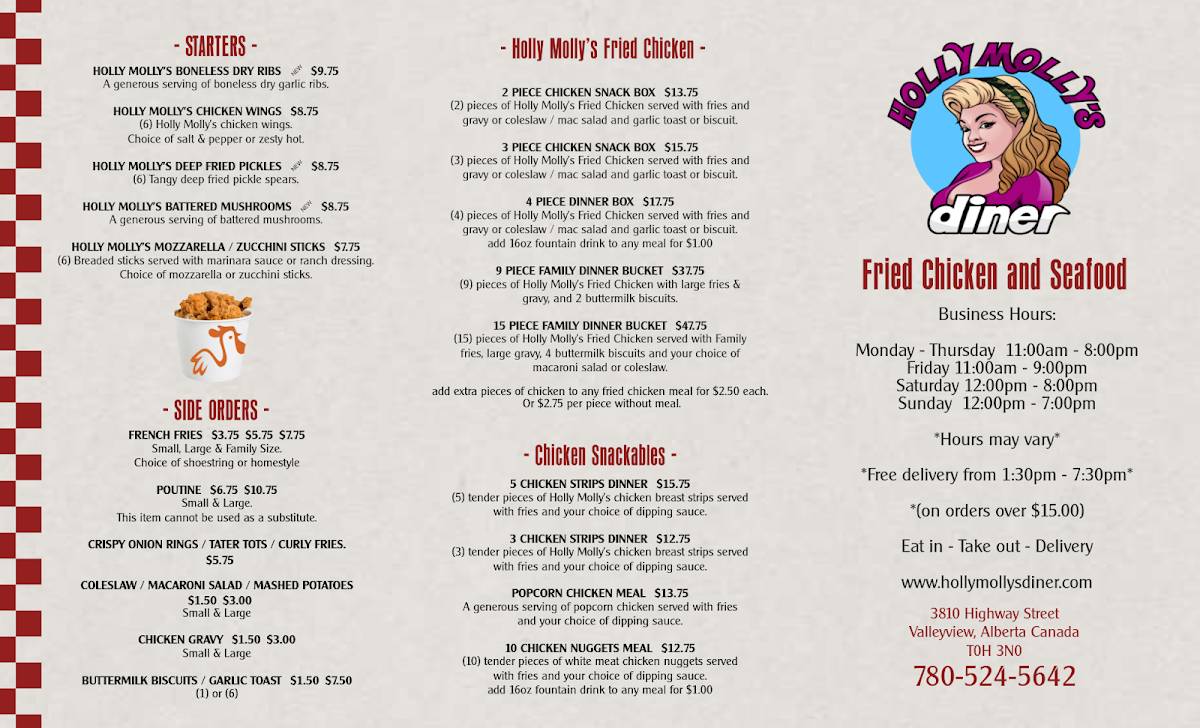 Menu at Holly Molly's Diner restaurant, Valleyview