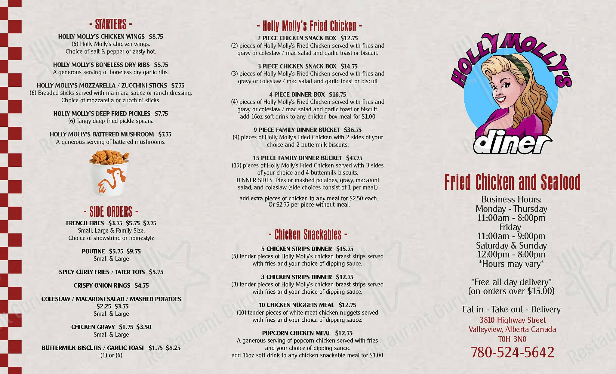 Menu at Holly Molly's Diner restaurant, Valleyview