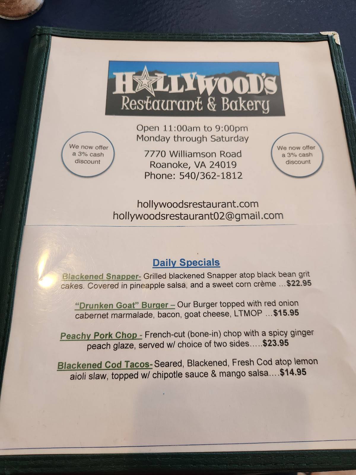 Menu at Hollywood's Restaurant & Bakery, Roanoke