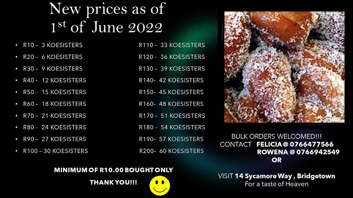 Menu at Home Bakes Koesisters (everyday), Cape Town