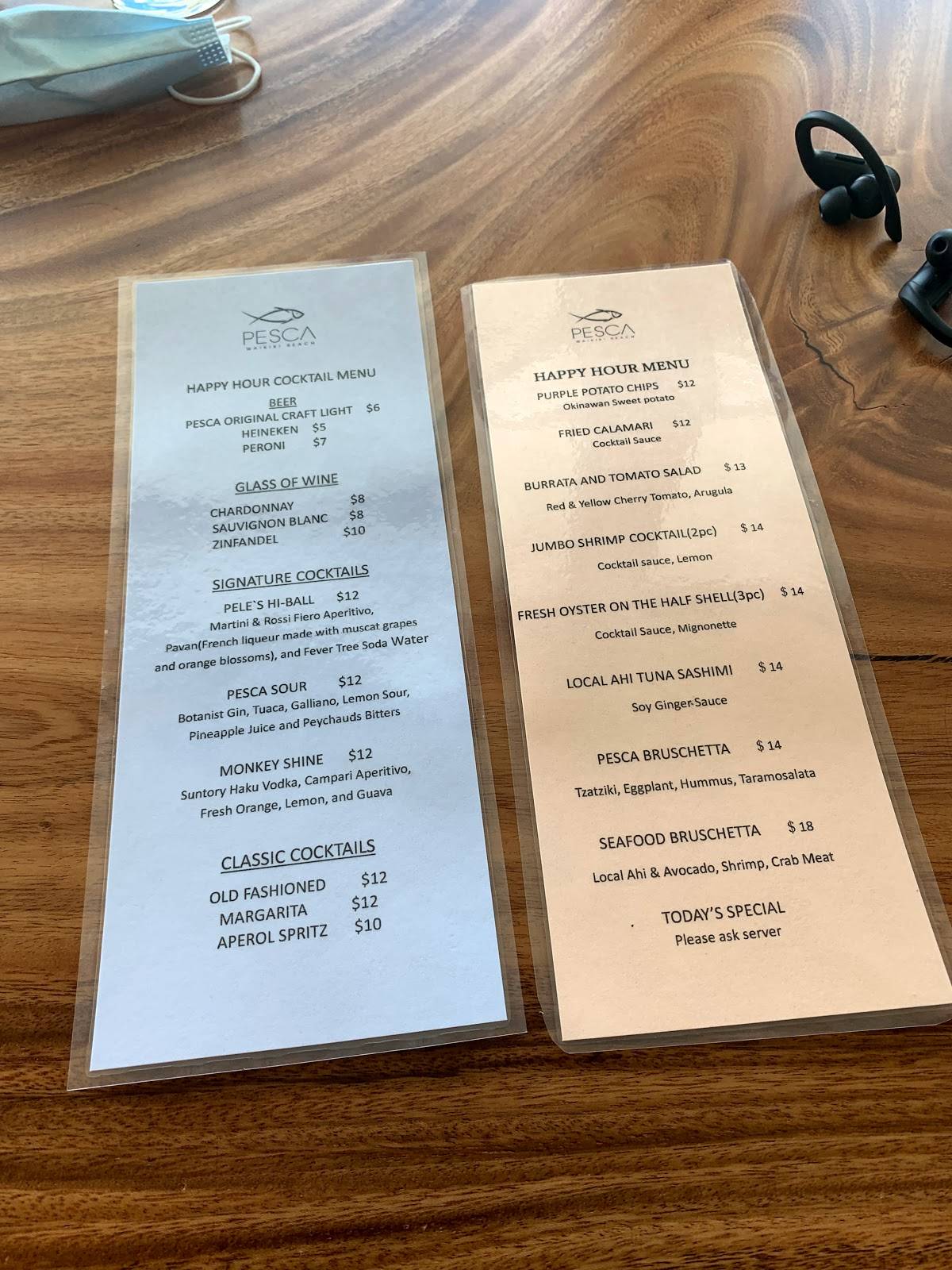 Menu at PESCA Waikiki Beach restaurant, Honolulu