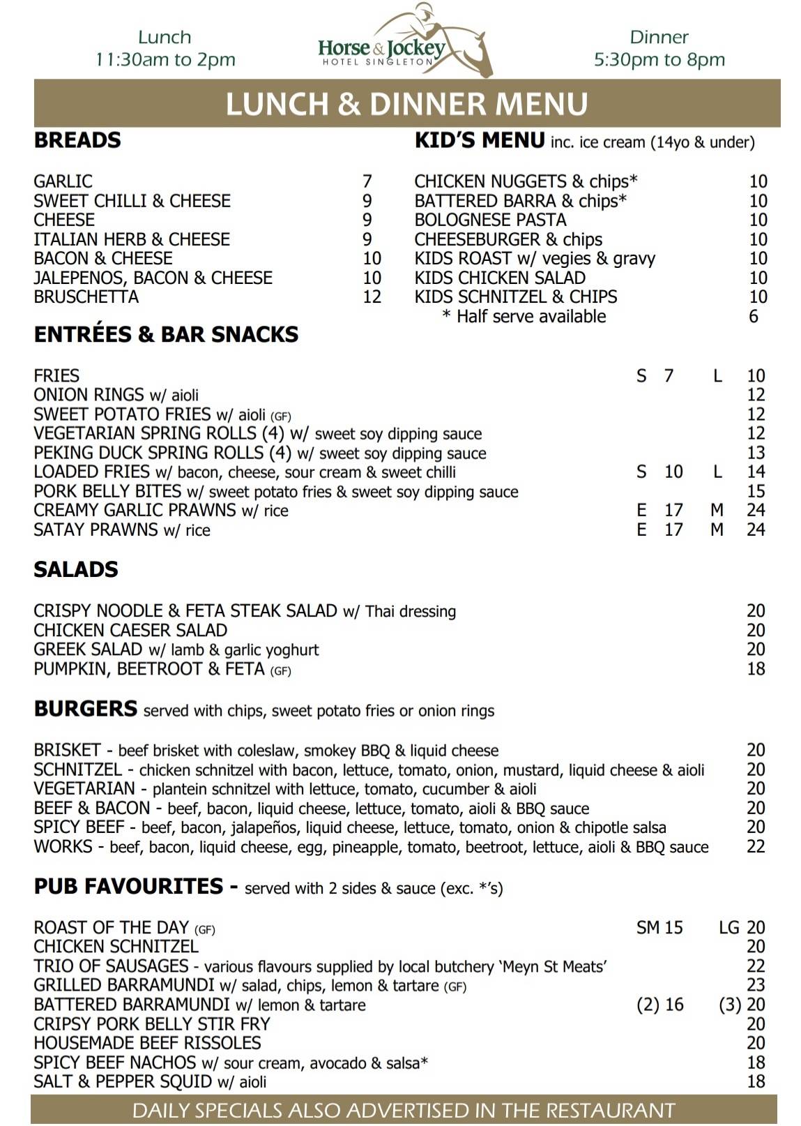 Menu at Horse and Jockey pub & bar, Singleton