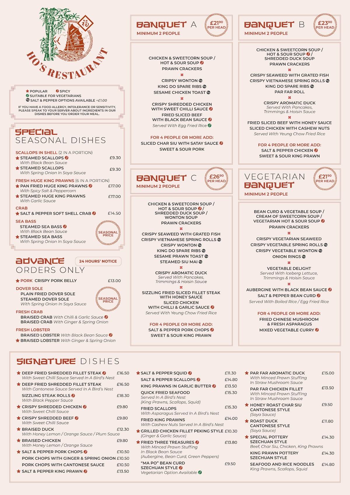 Menu at Ho's Restaurant, Prescot