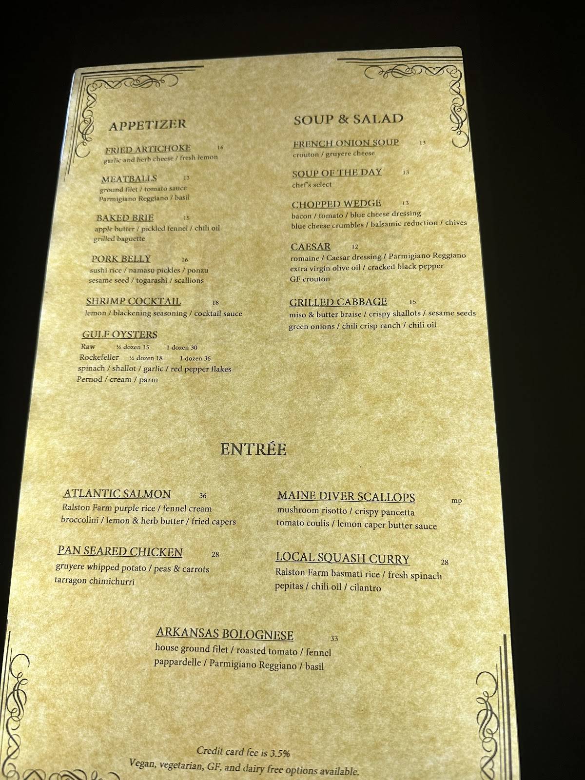 Menu at VAULT restaurant, Hot Springs, 723 Central Ave #100