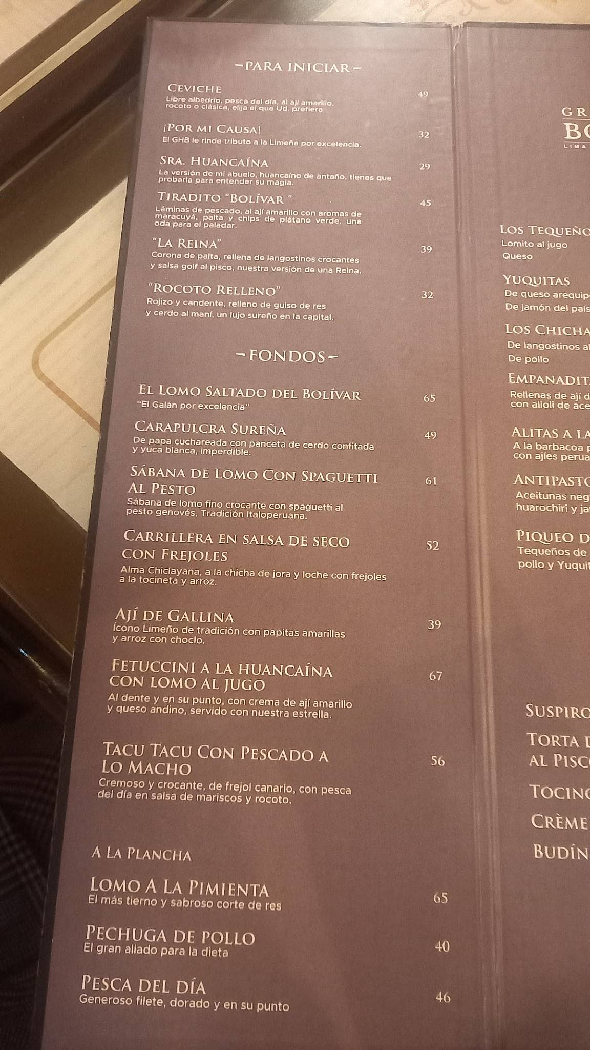 Carta de Bar Hotel Bolivar, Lima