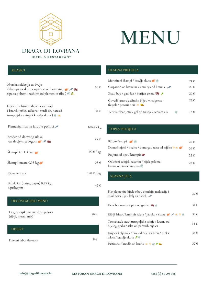 Carta del restaurante Hotel Draga di Lovrana, Lovran