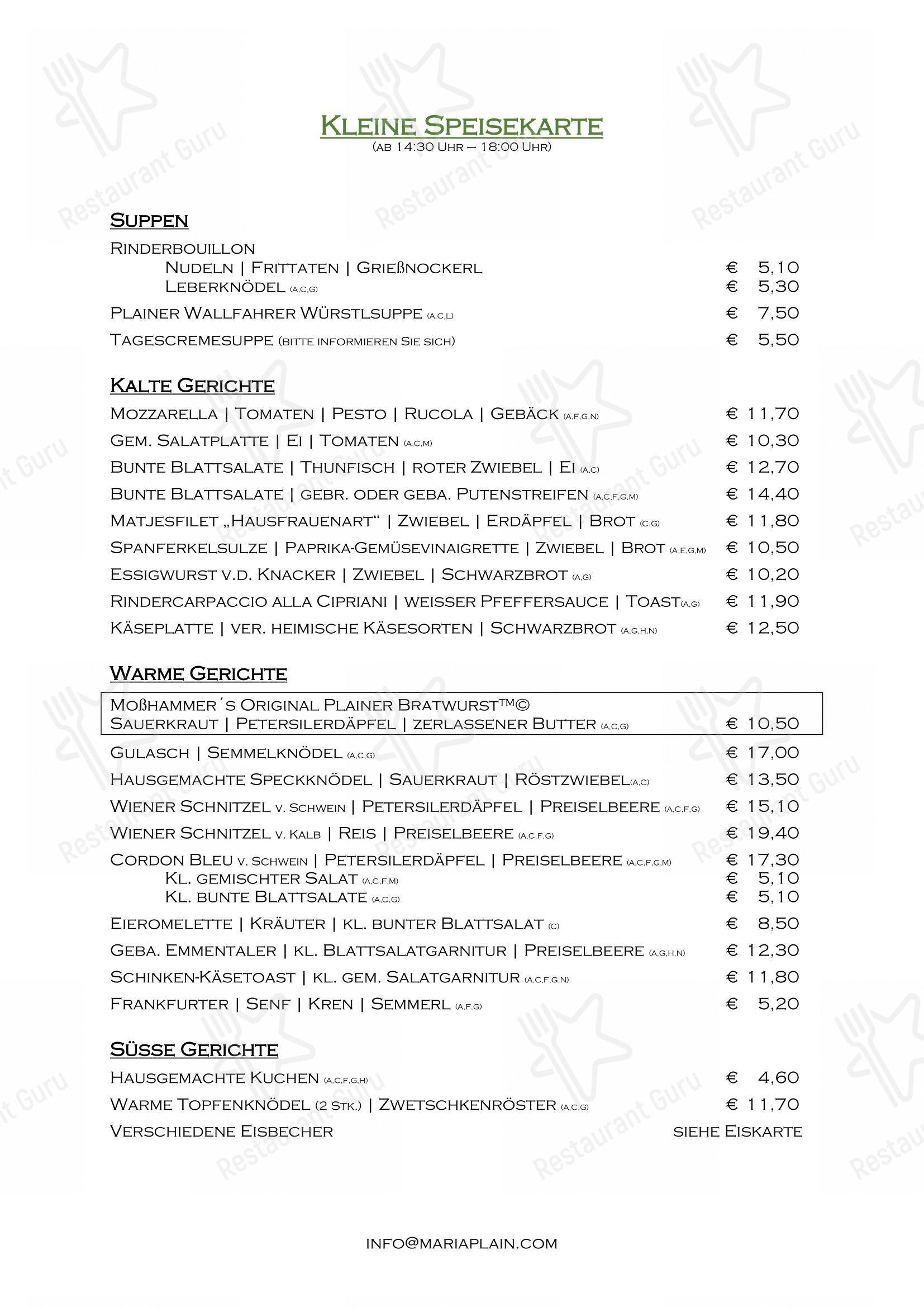 Speisekarte von Gasthof Maria Plain restaurant, Bergheim bei Salzburg