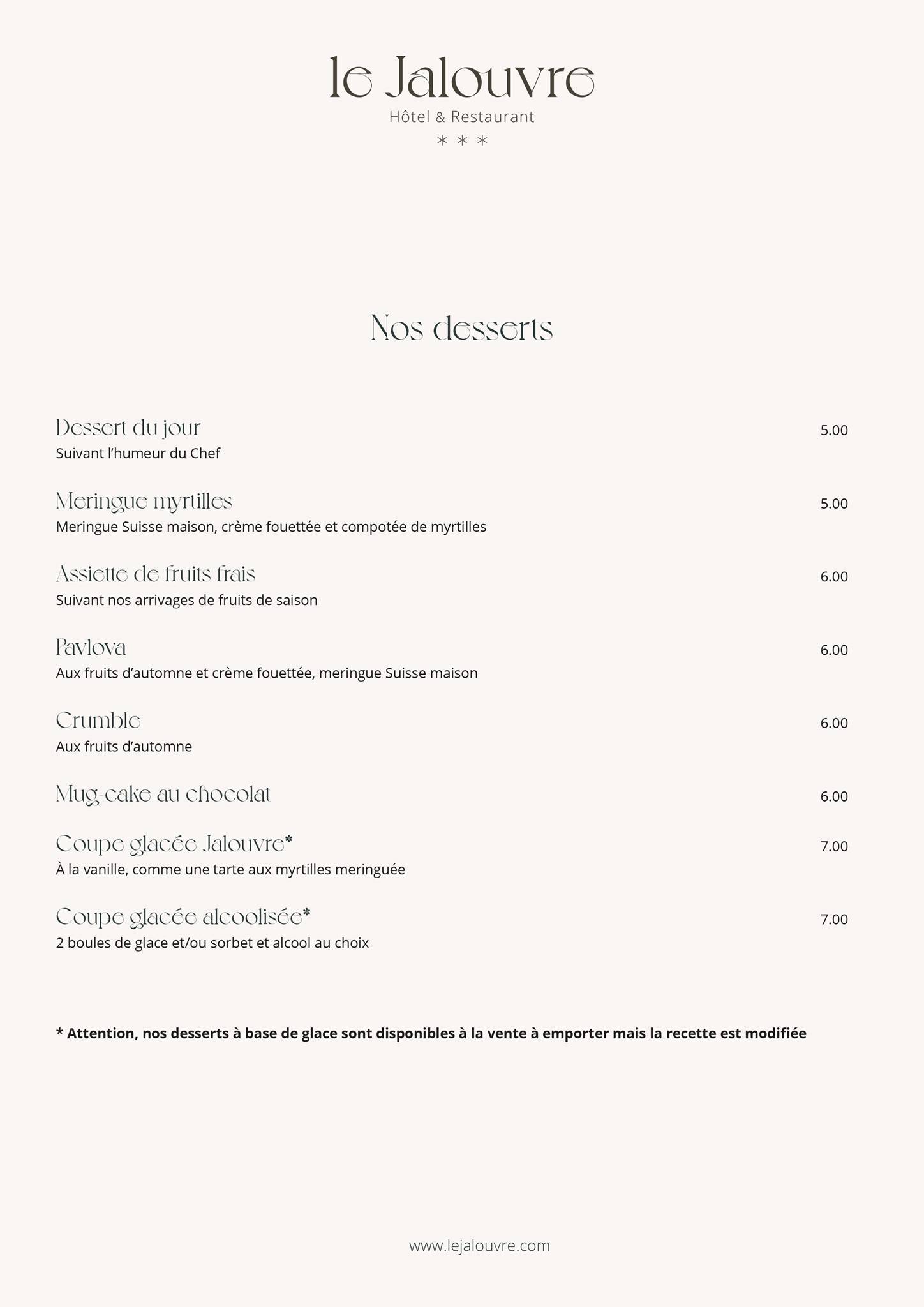 Menu au Hôtel restaurant le Jalouvre, Mont-Saxonnex