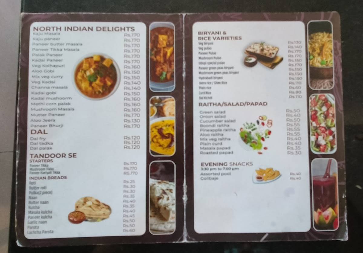 Menu at Hotel Udupi International Yermal, India