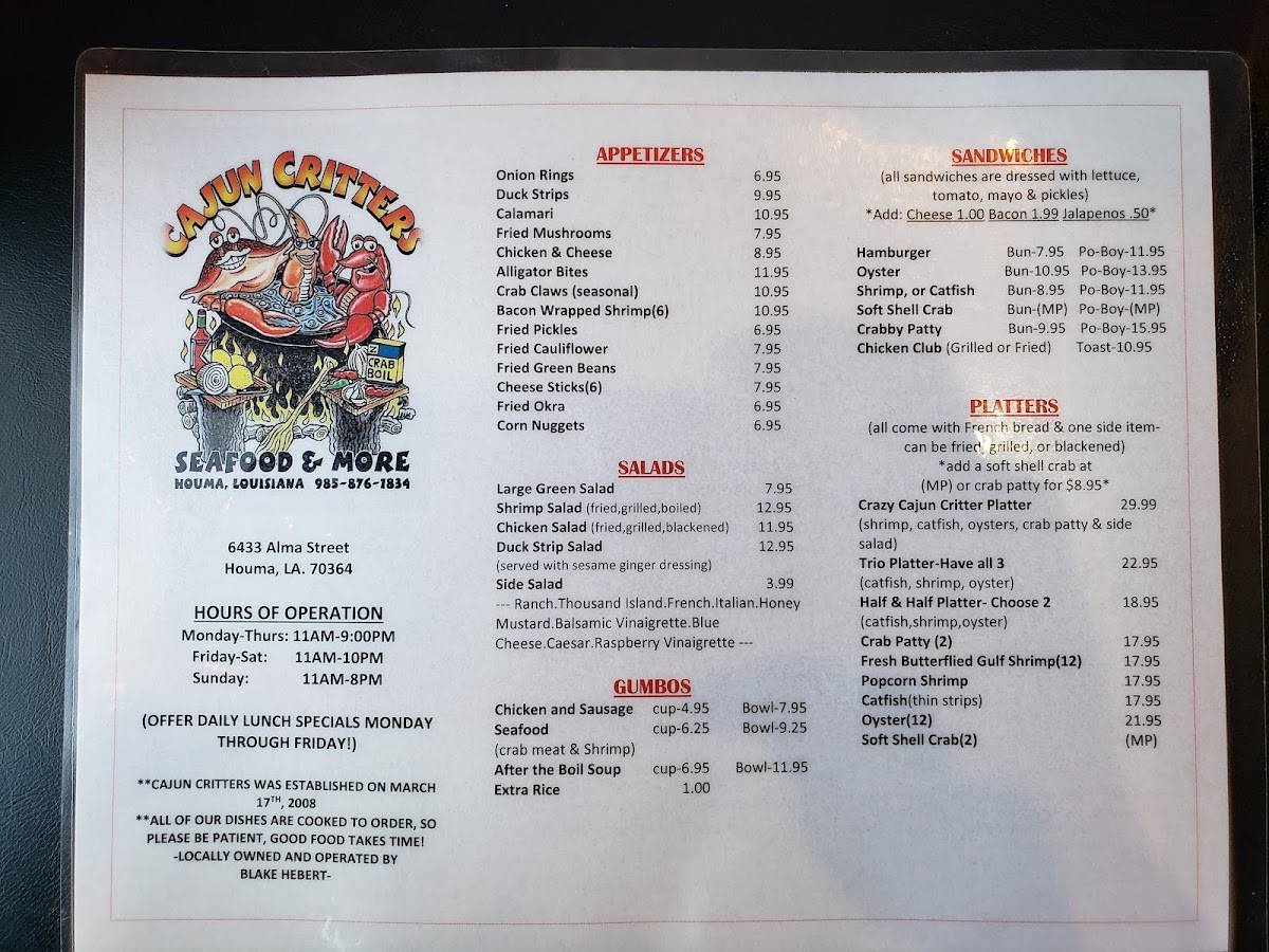 Menu at Cajun Critters restaurant, Houma, Alma St