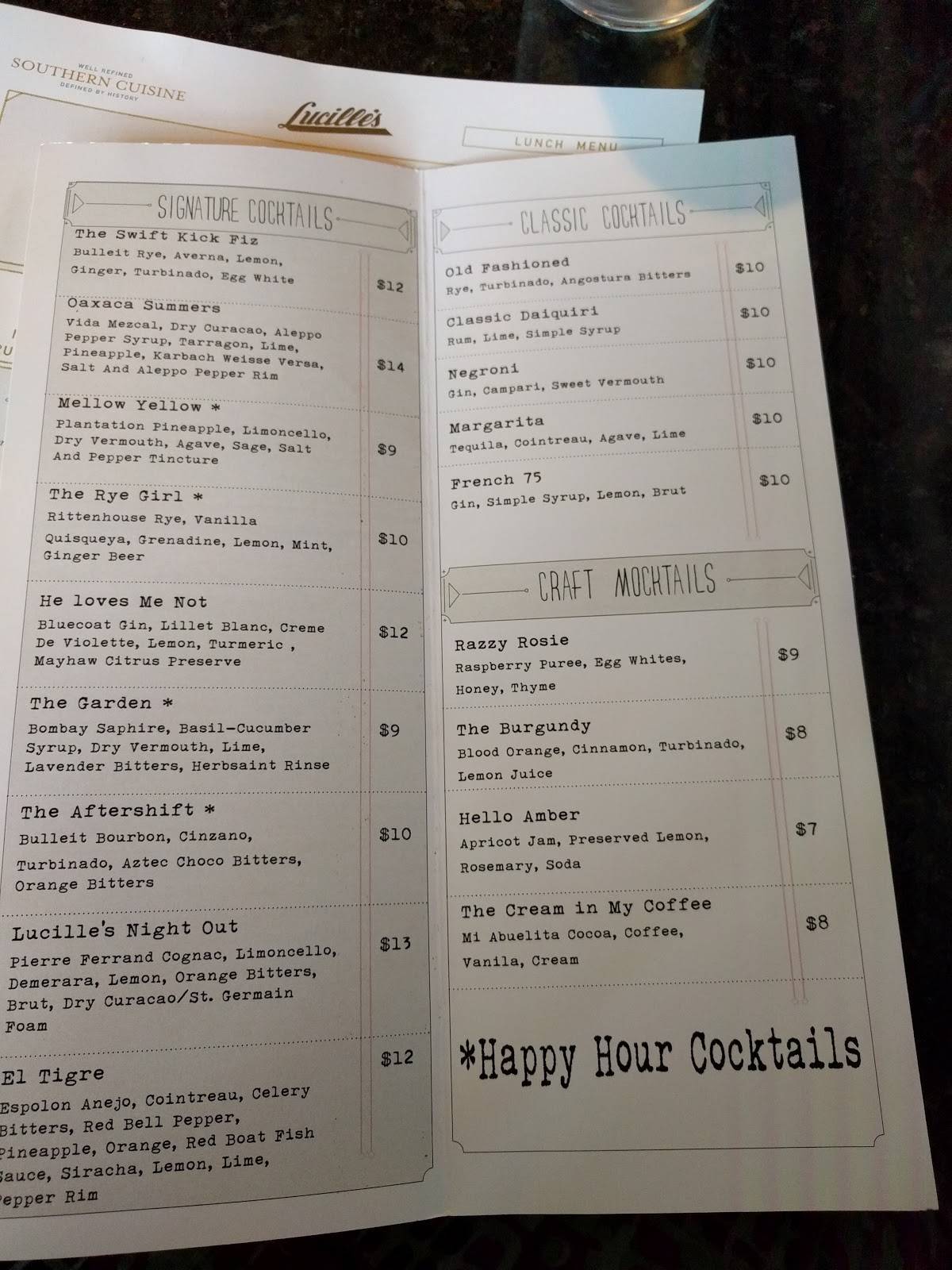 Menu at Lucille's restaurant, Houston