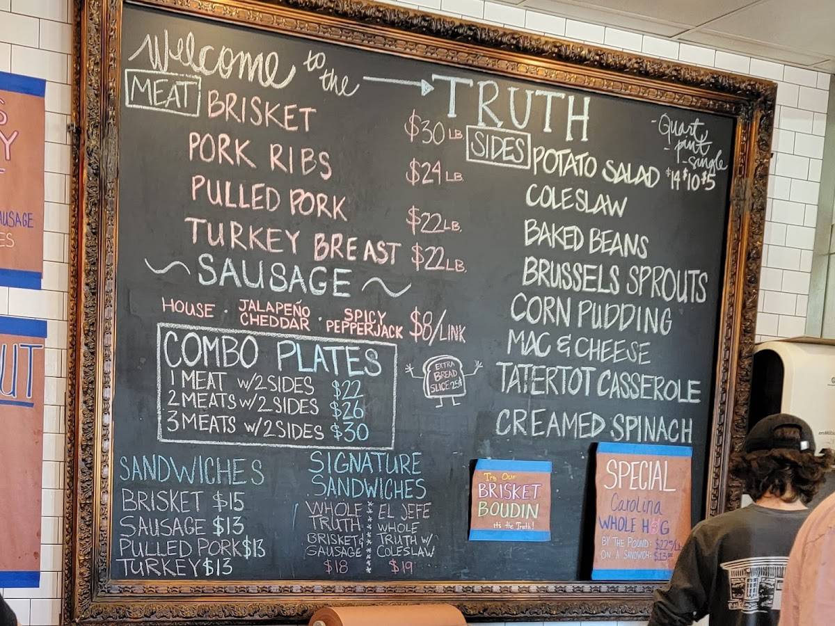 Menu at Truth BBQ, Houston