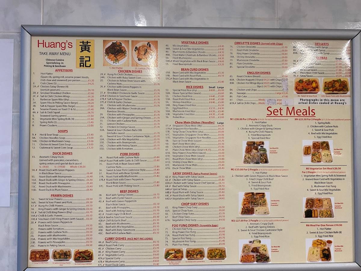 Menu at Huang's restaurant, Coleford