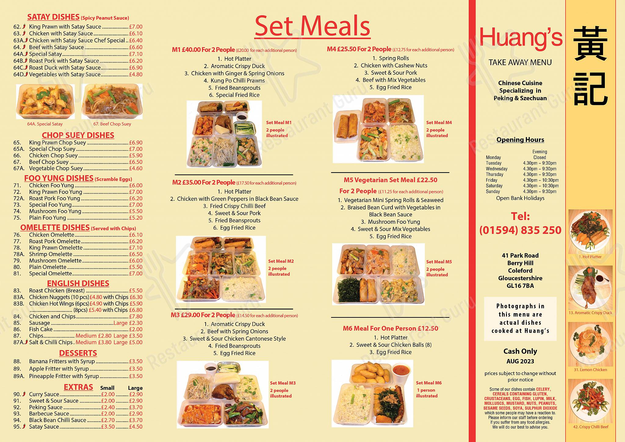 Menu at Huang's restaurant, Coleford