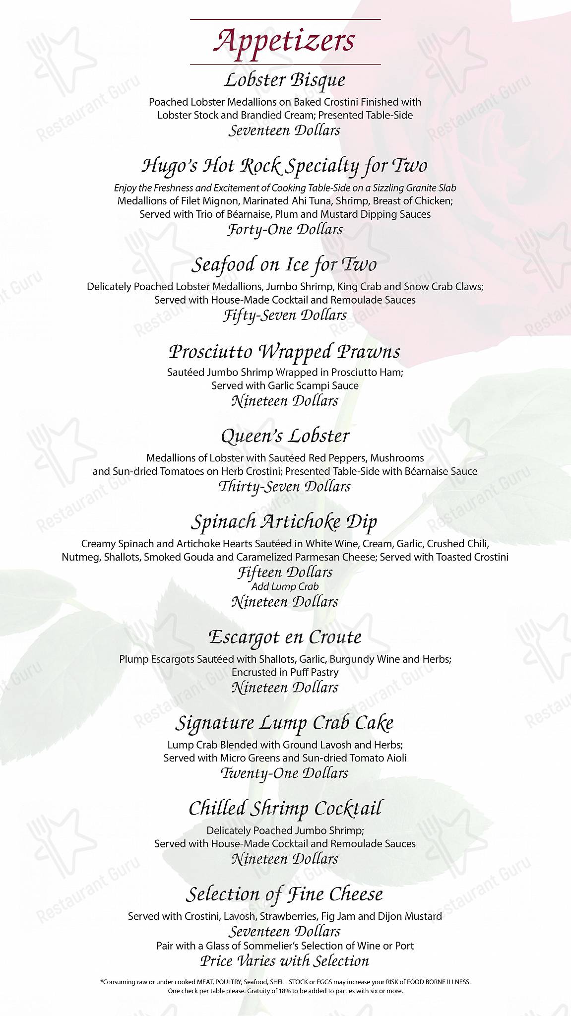 Menu at Hugo's Cellar steakhouse, Las Vegas, 202 Fremont Street Experience