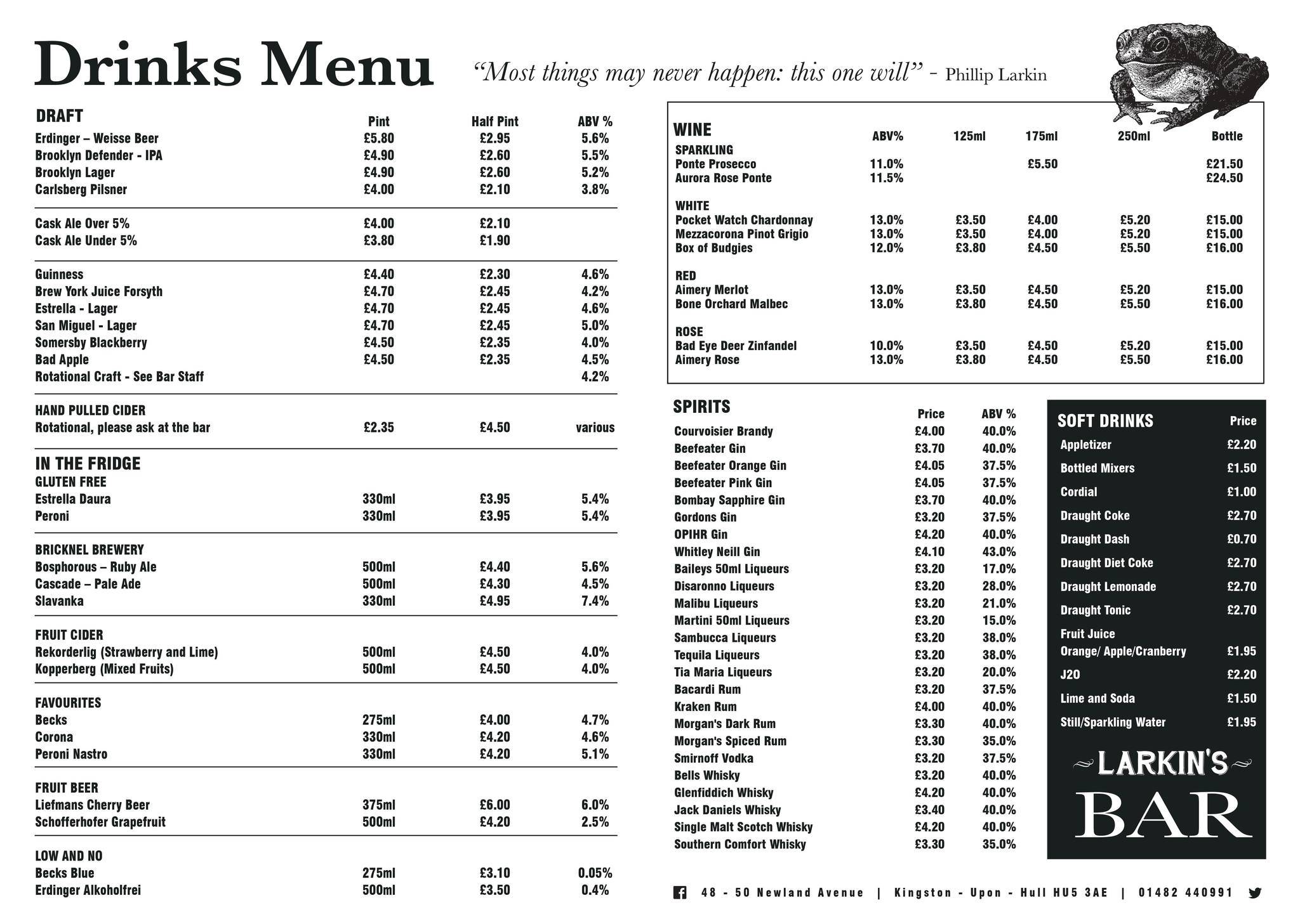 Menu at Larkin's Bar, Hull