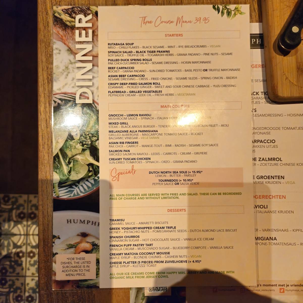 Menu at Humphrey's, Amsterdam, Nieuwezijds Kolk 23