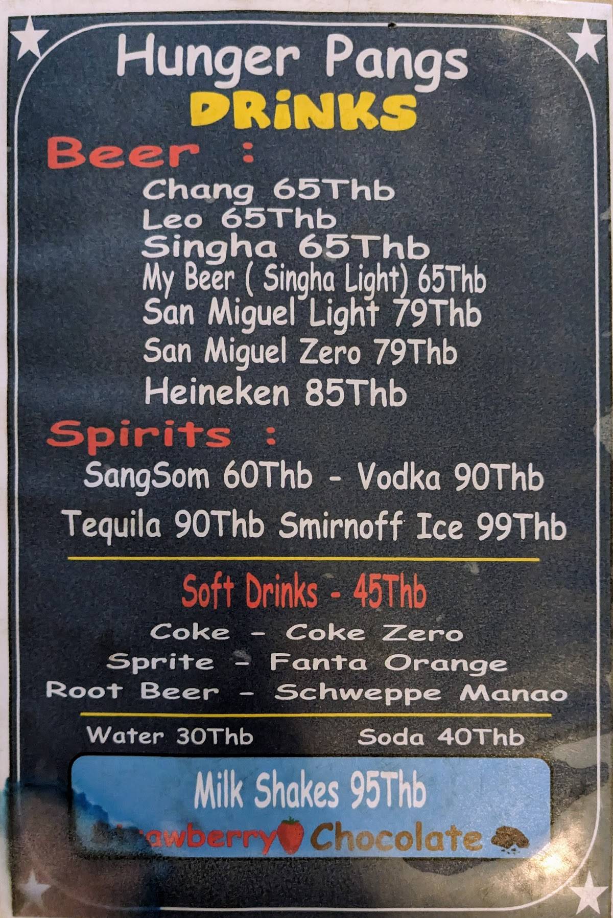 Menu at Hunger Pangs restaurant, Pattaya City