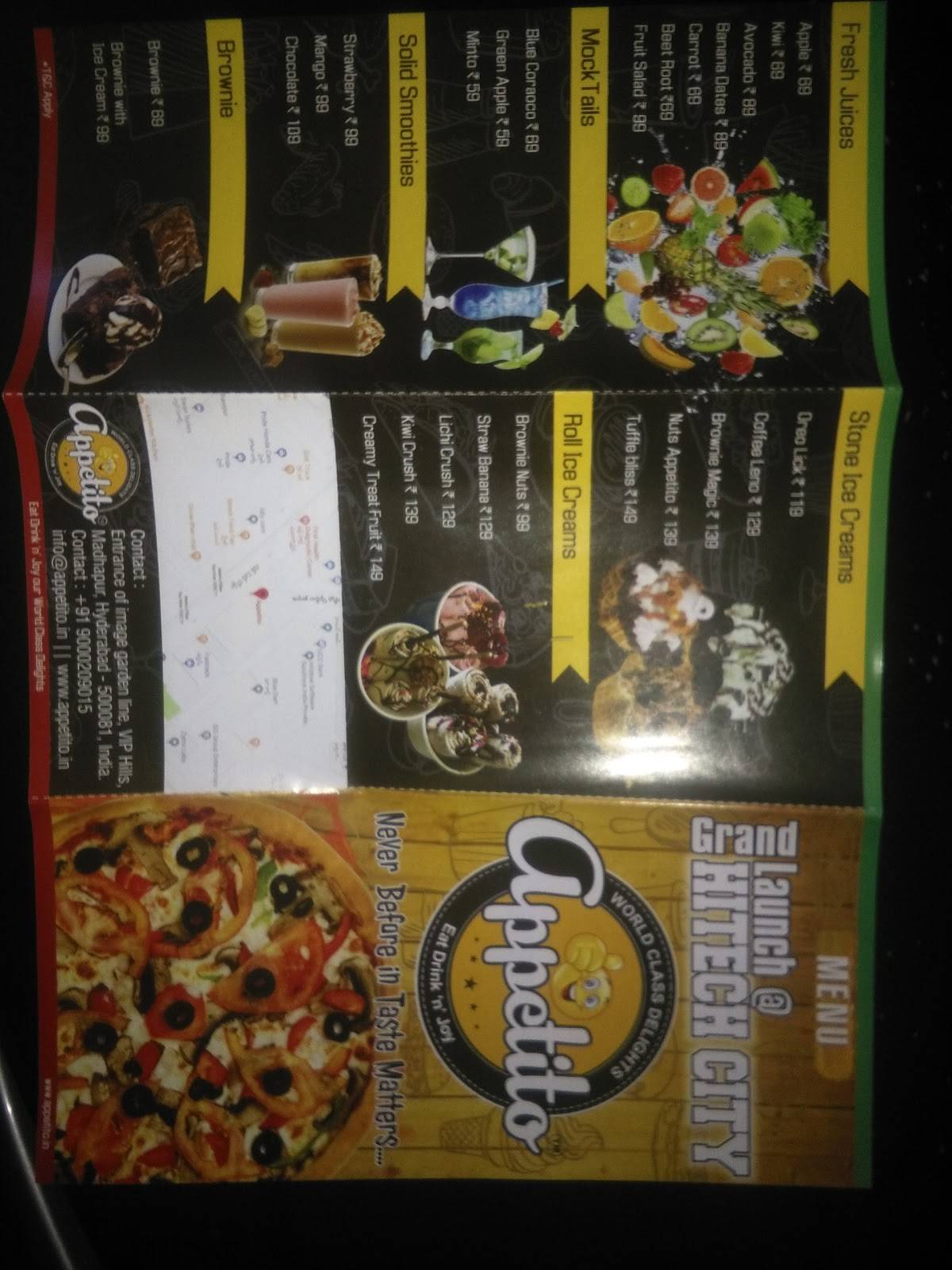 Menu at Appetito, Hyderabad, Airtel office building