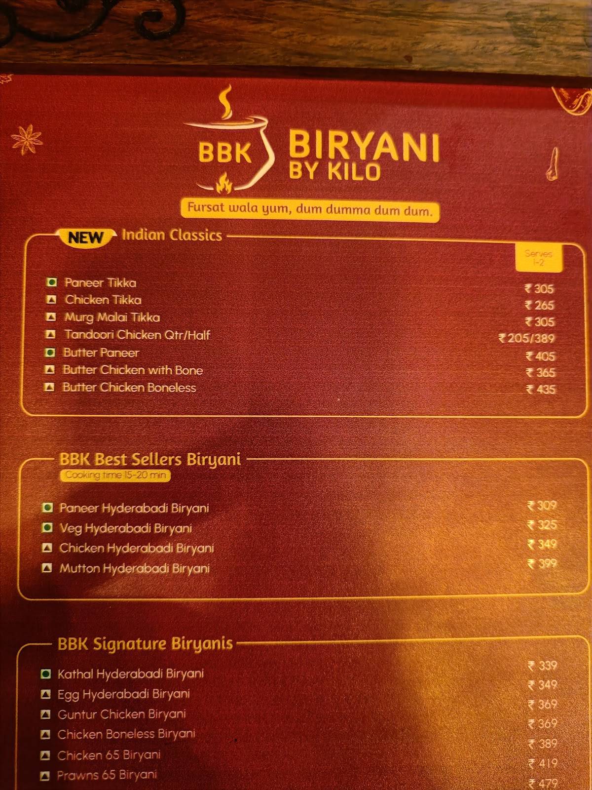 Menu at Biryani By Kilo- Banjara Hills Hyderabad, Hyderabad