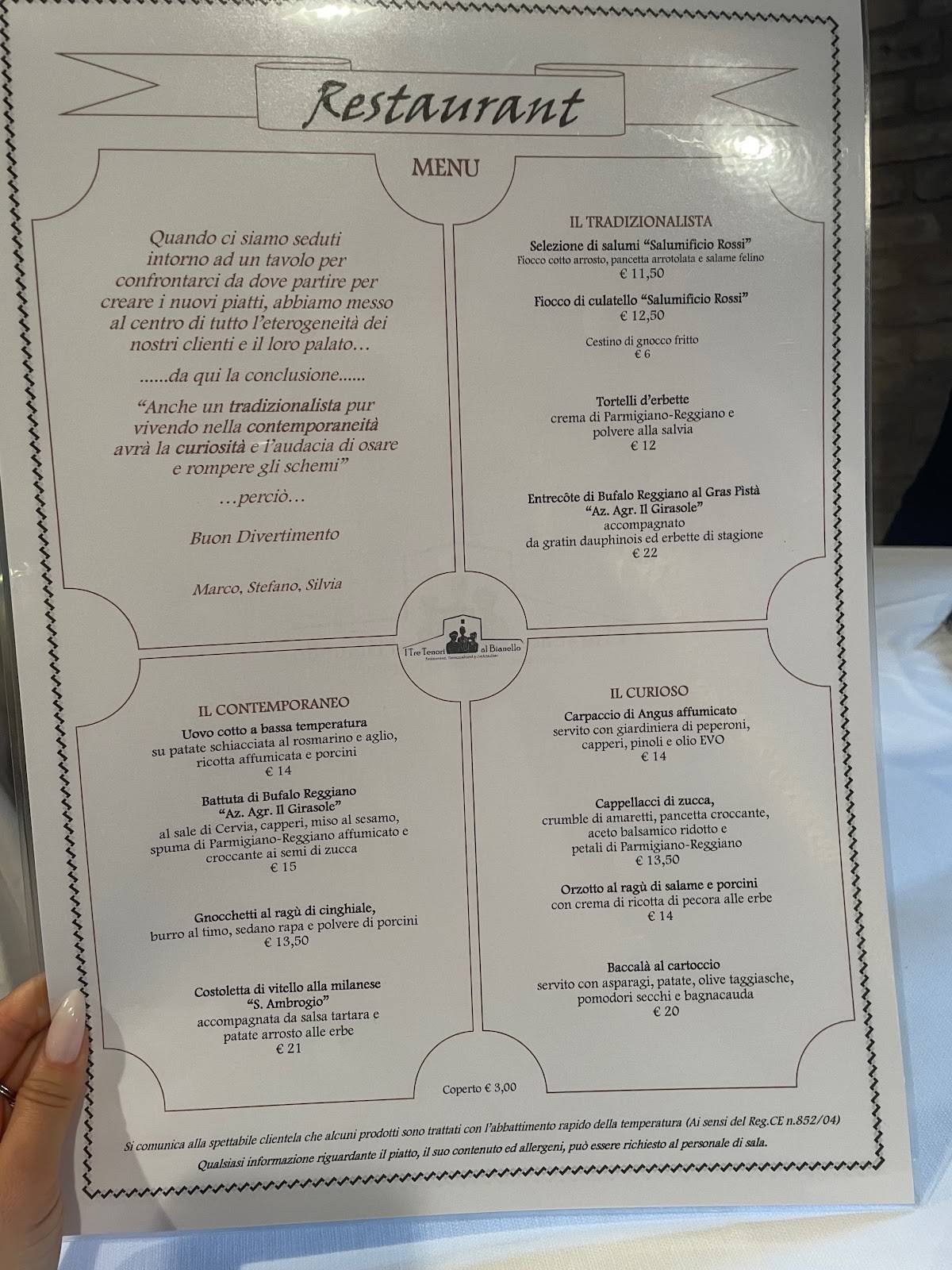 Menu da I Tre Tenori Al Bianello pub & bar, Quattro Castella