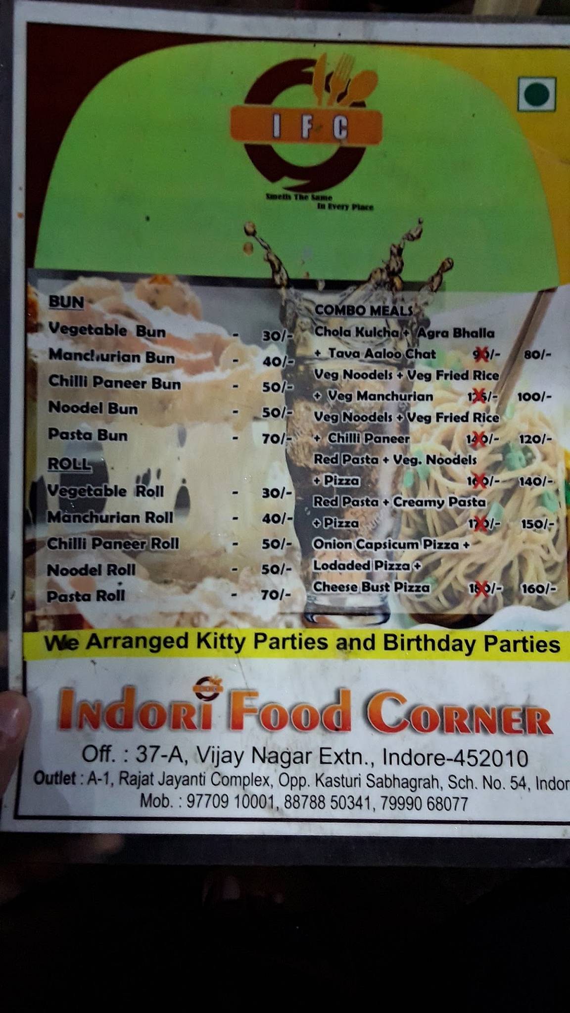 Menu at IFC (Indori Food Corner), Indore, Rajat Jayanti Complex