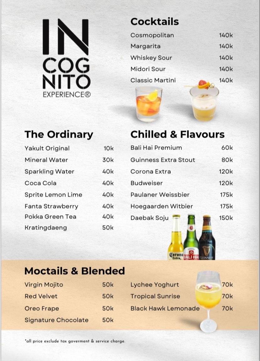 Menu at INCOGNITO EXPERIENCE restaurant, Surabaya