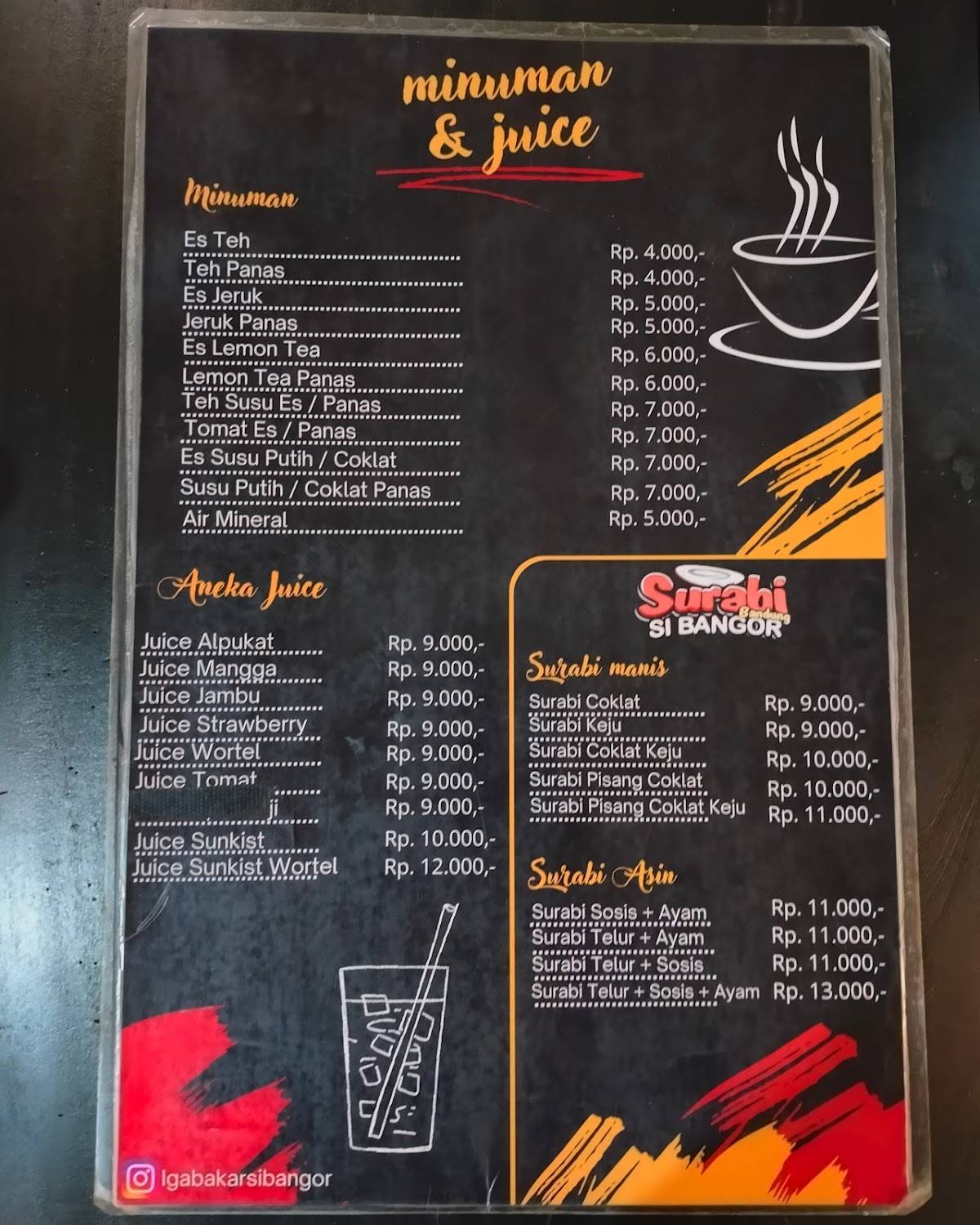 Menu at Iga Bakar Si Bangor restaurant, Yogyakarta