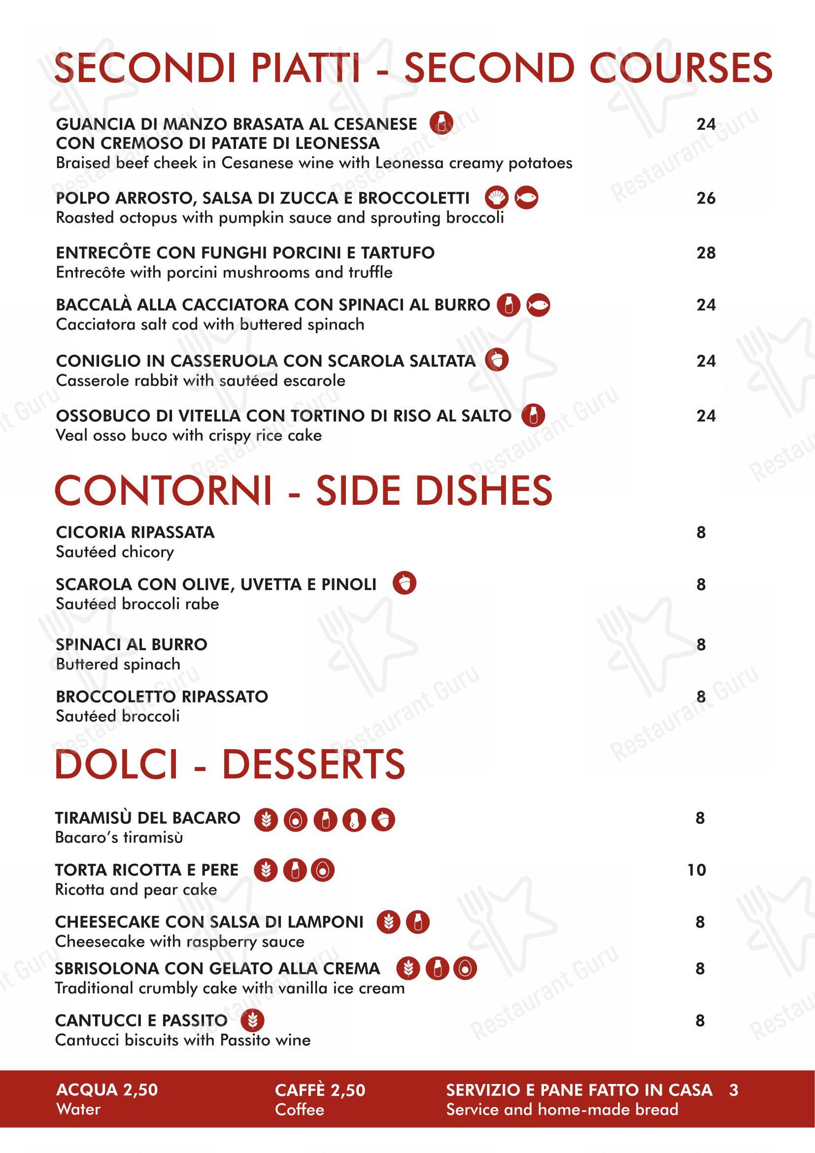 Menu da Il Bacaro ristorante, Roma, Via degli Spagnoli