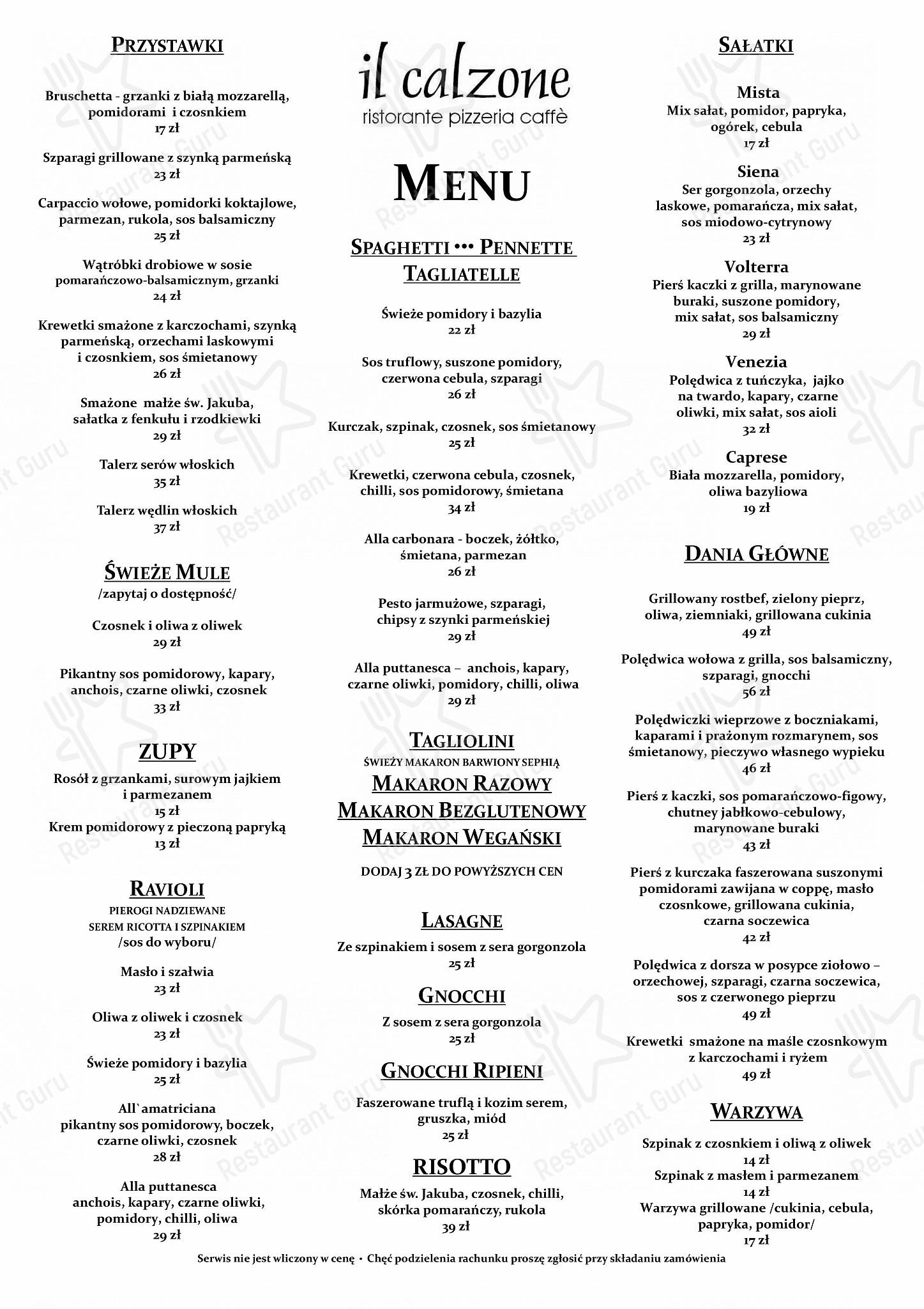 Menu at Il Calzone restaurant, Kraków, Starowiślna 15a
