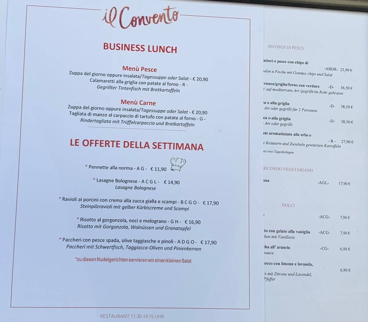 Menu at Il Convento restaurant, Innsbruck