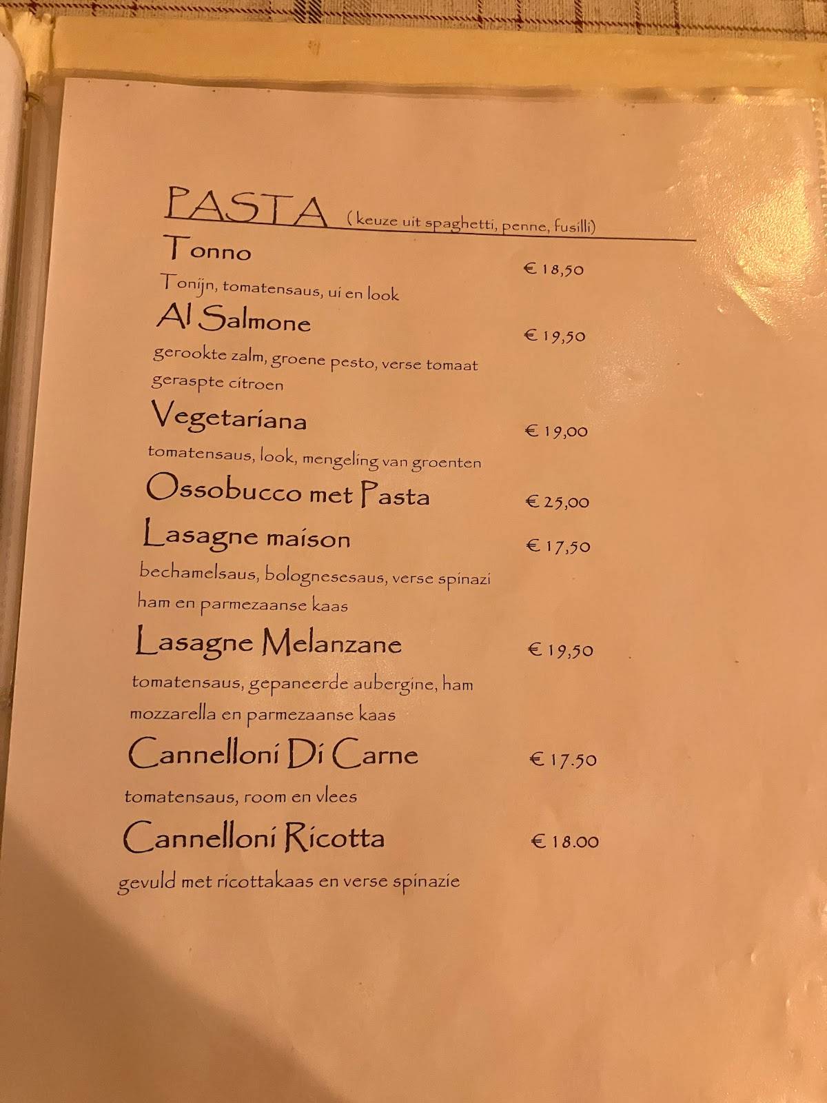Menu at Il Gabbiano, Ostend, Nieuwpoortsesteenweg 62