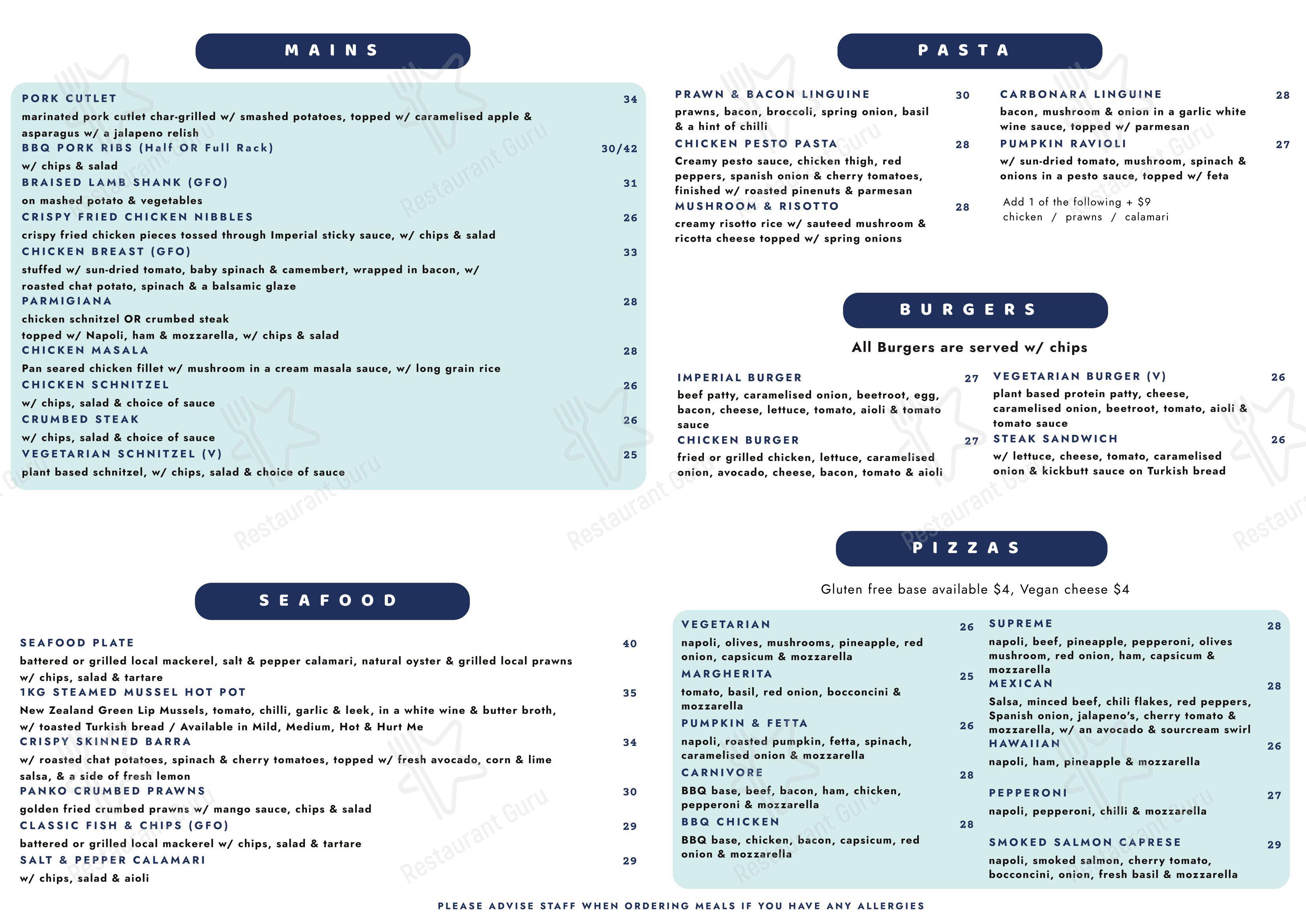 Menu at Imperial Tavern restaurant, Innisfail, 42 Fitzgerald Esplanade