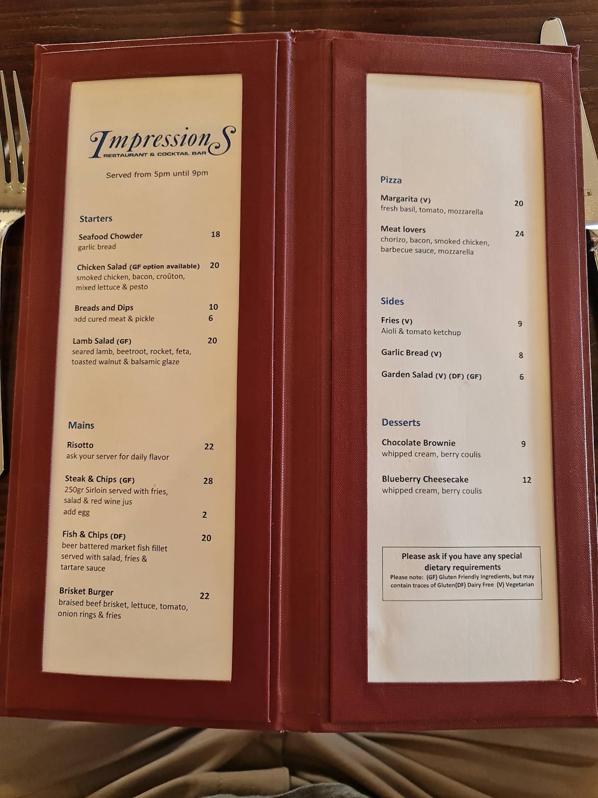 Menu at Impressions Restaurant, Queenstown, Frankton Rd & Adelaide St